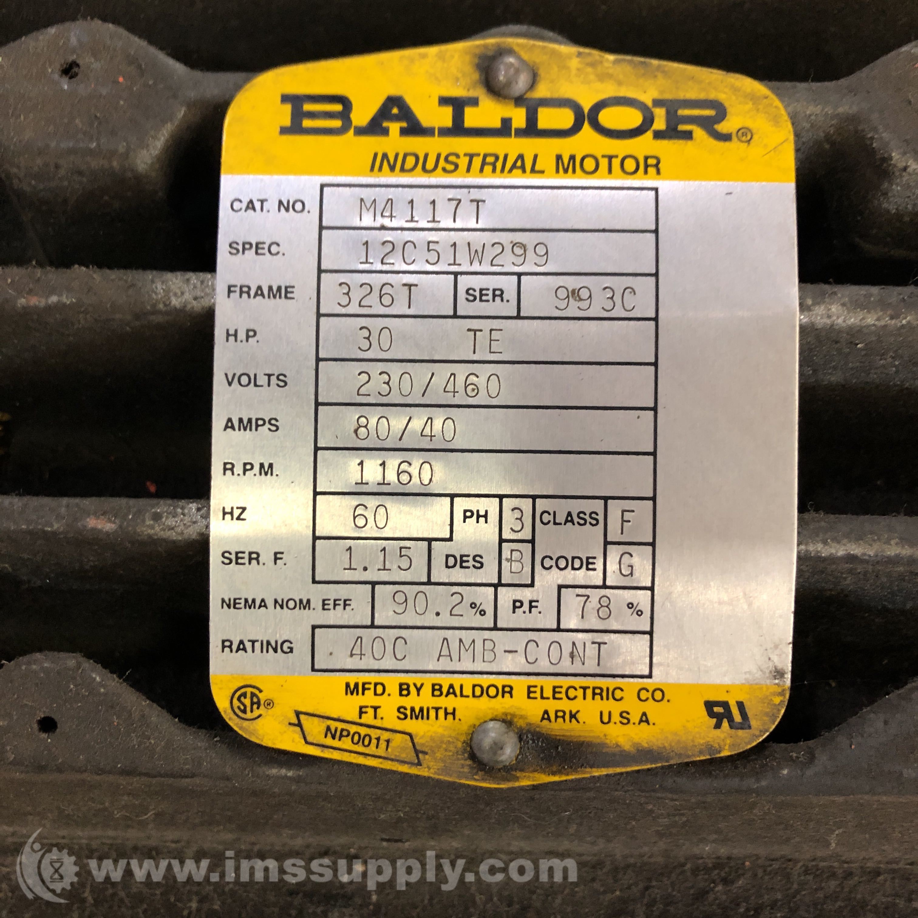 Baldor M4117T Electric Motor, 30HP, 1160RPM, 326T Frame, 230/460V - IMS ...