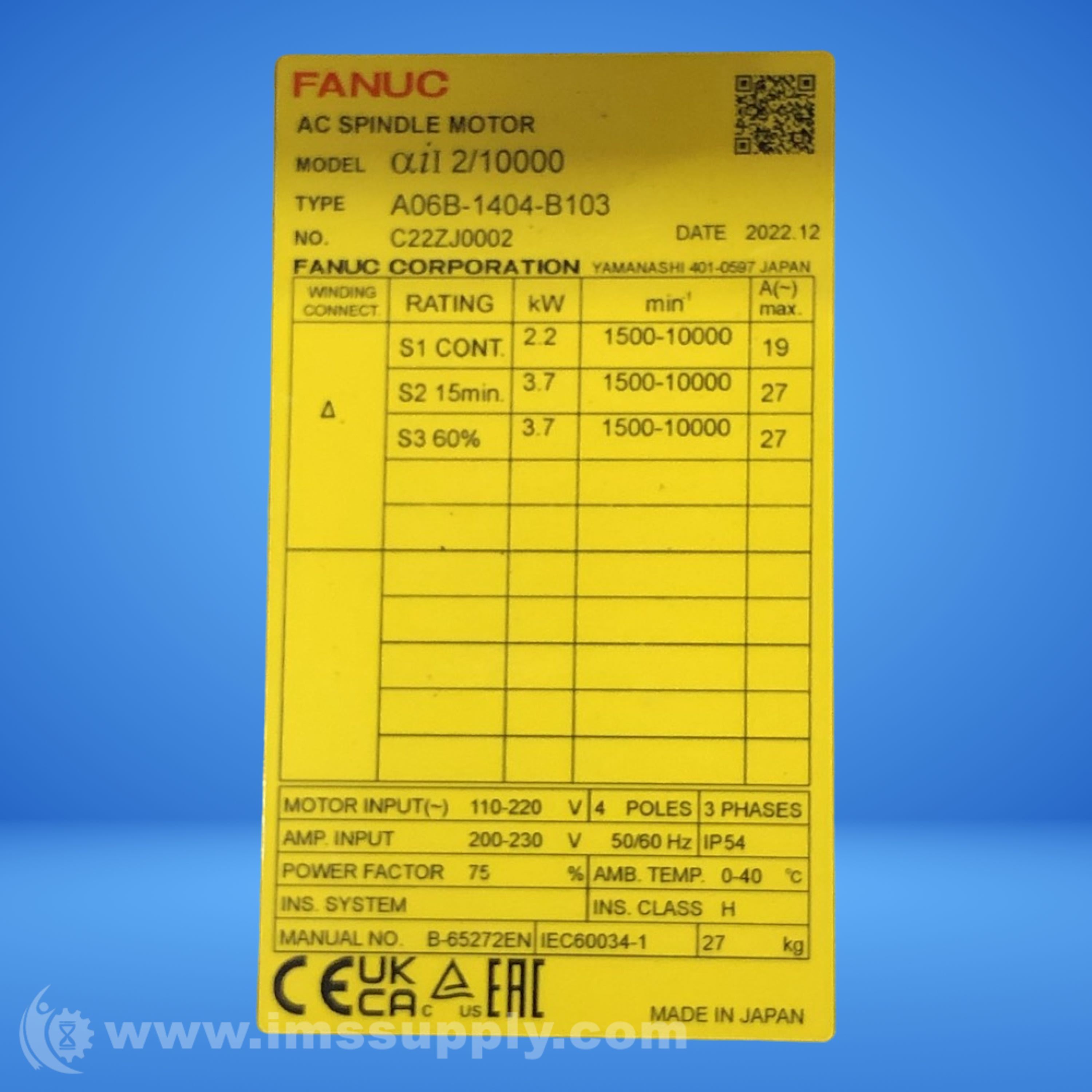 Fanuc A06B-1404-B103 AC Spindle Motor, 4 Poles, 3 Phase - IMS Supply