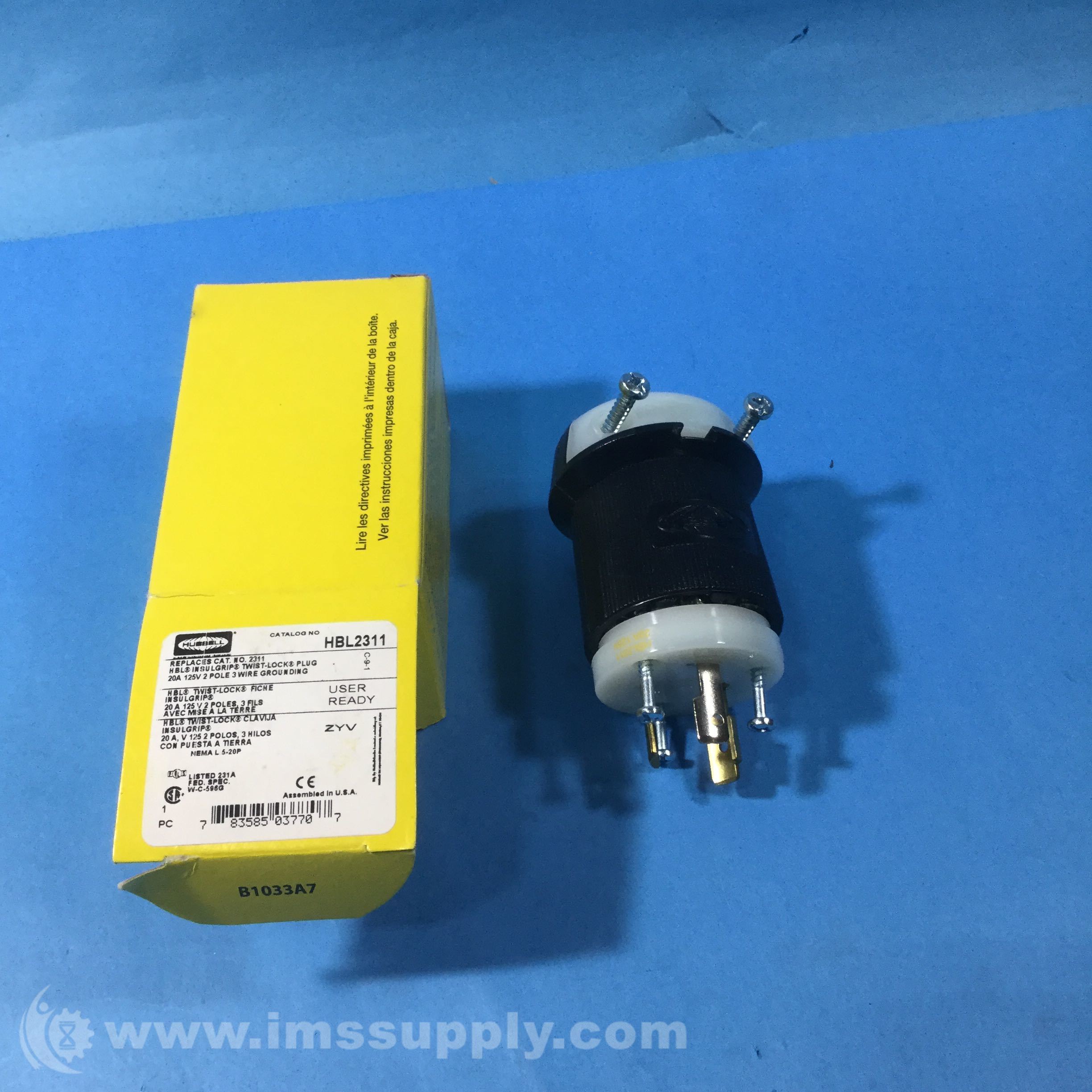 Hubbell HBL2311 Twist-Lock Plug, 20 Amp, 2 Pole 3 Wire - IMS Supply