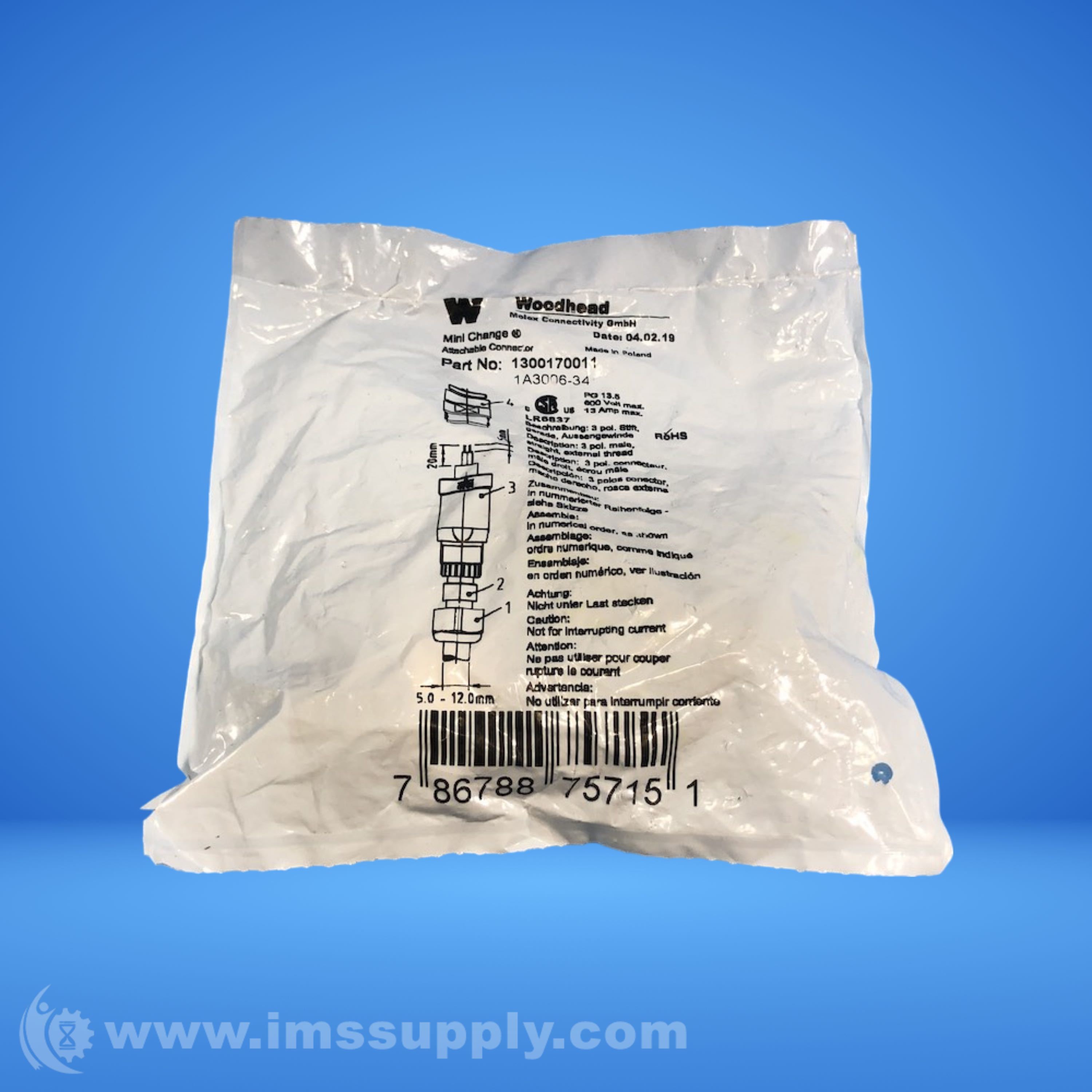 Woodhead 1300170011 Male Connector 3P Mini-Change - IMS Supply