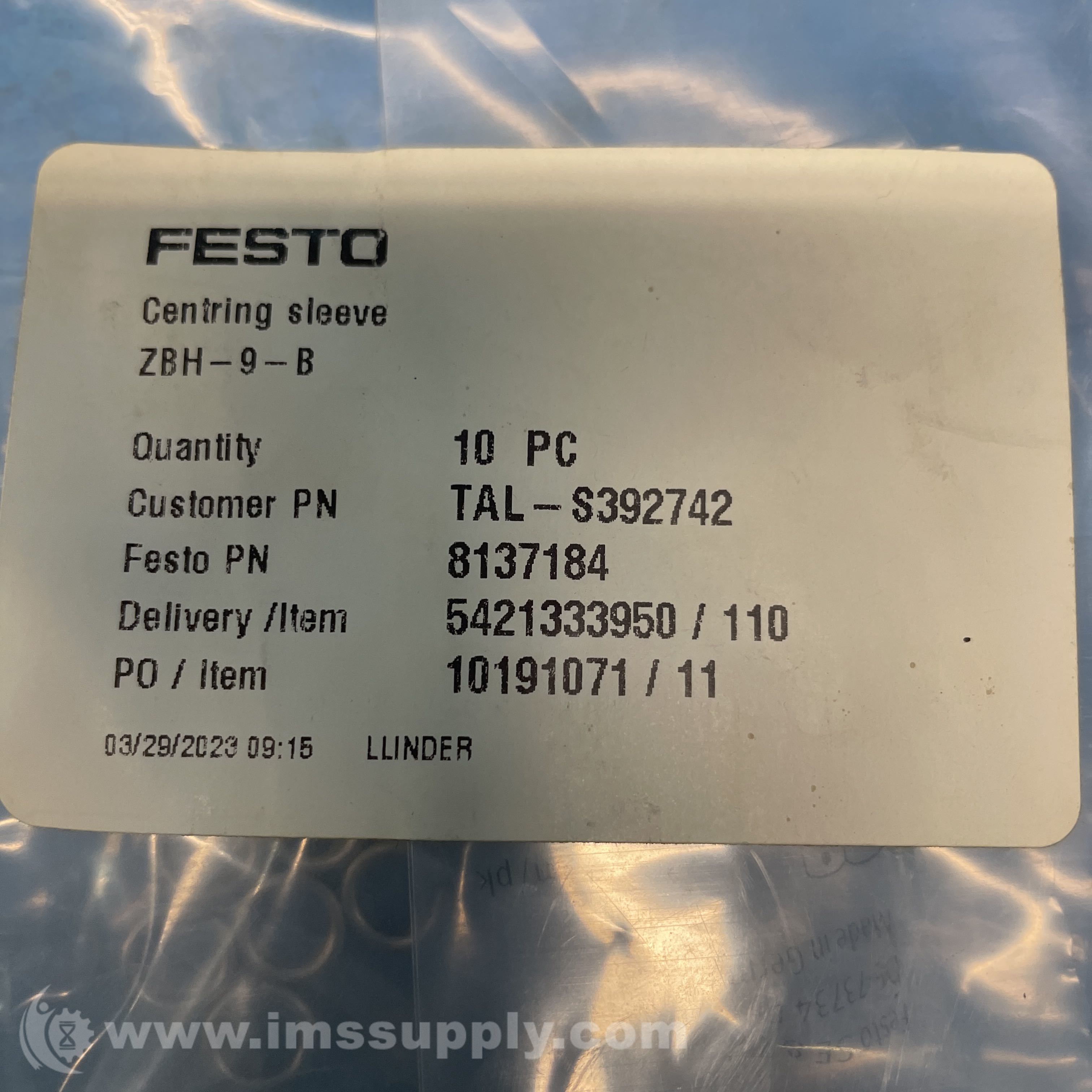 Festo ZBH-9-B Bag of 10 Centering Sleeves - IMS Supply