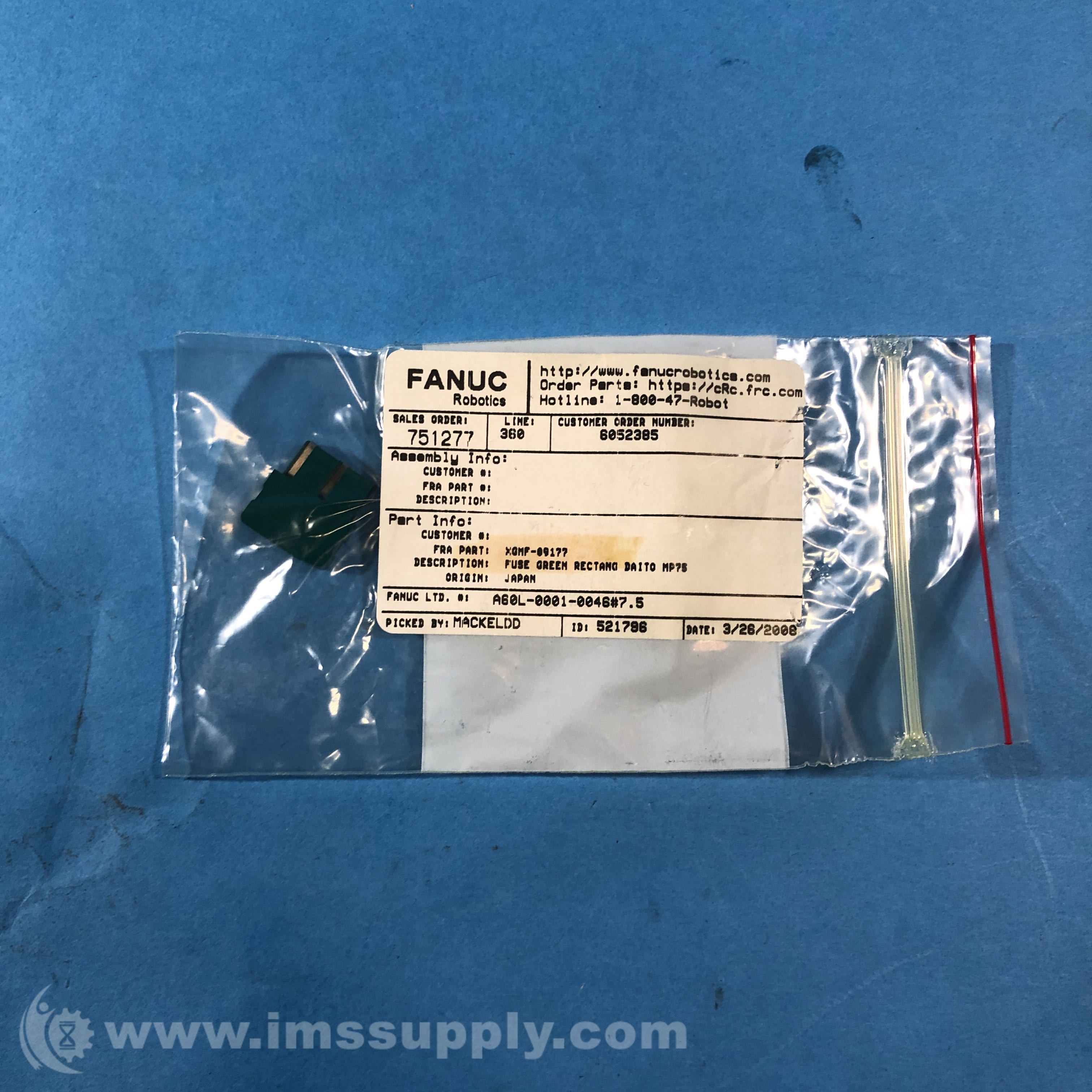 FANUC A60L-0001-0046#7.5 Green Fuse Accessory, 7.5 AMP - IMS Supply