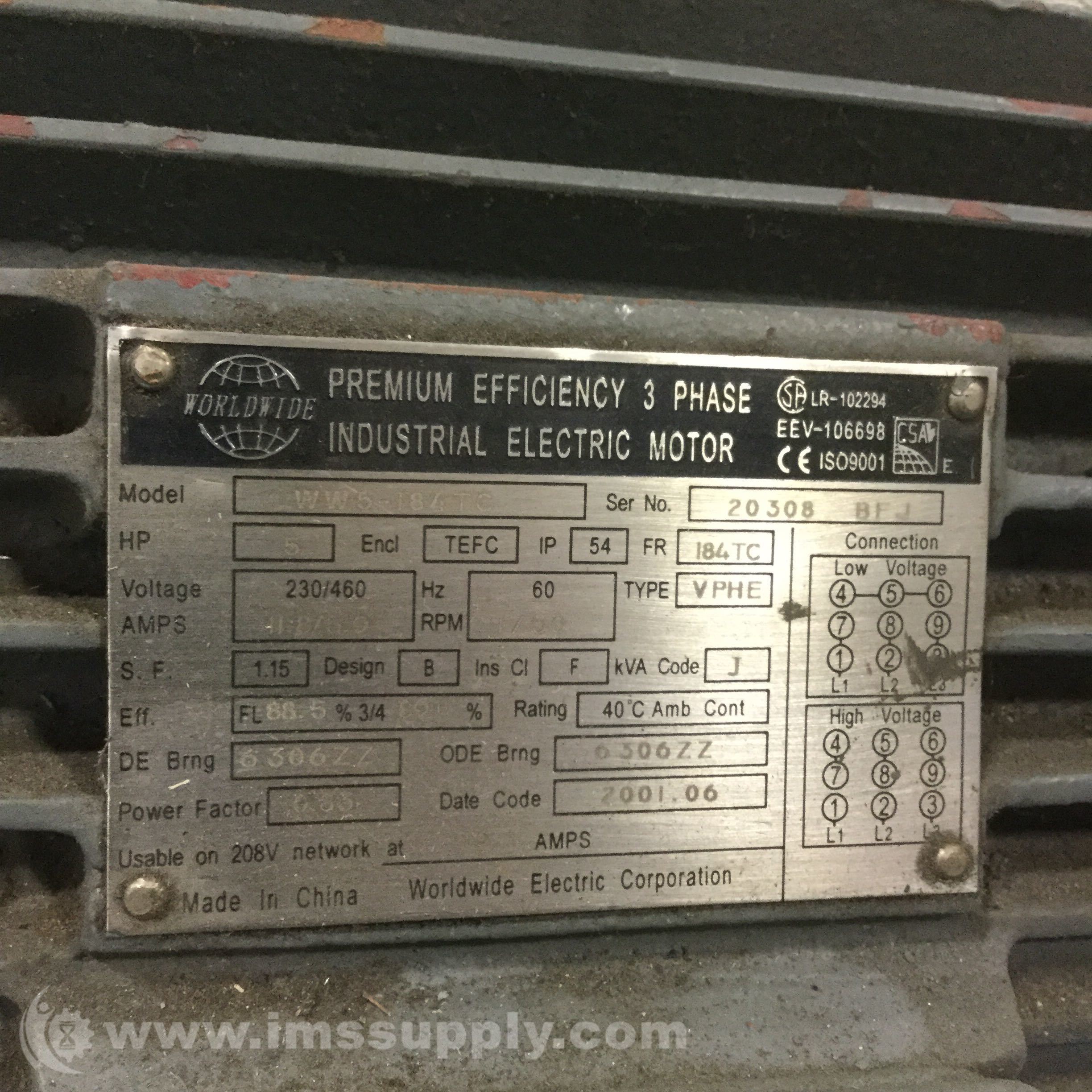 Worldwide Electric Corp. WW5-184TC T-Frame Motor - IMS Supply