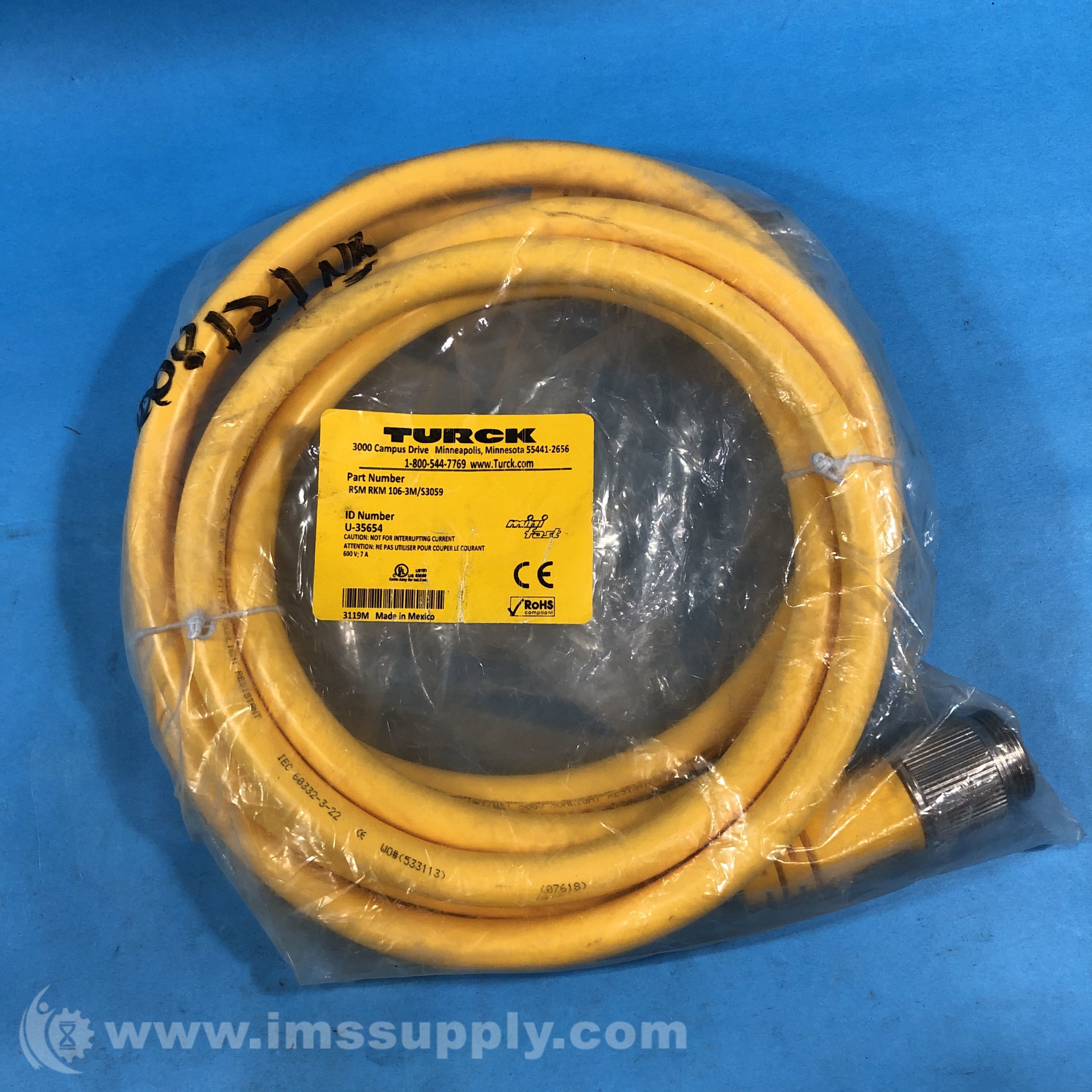 Turck RSM RKM 106-3M/S3059 Cordset Straight Male 1 1/8 - IMS Supply