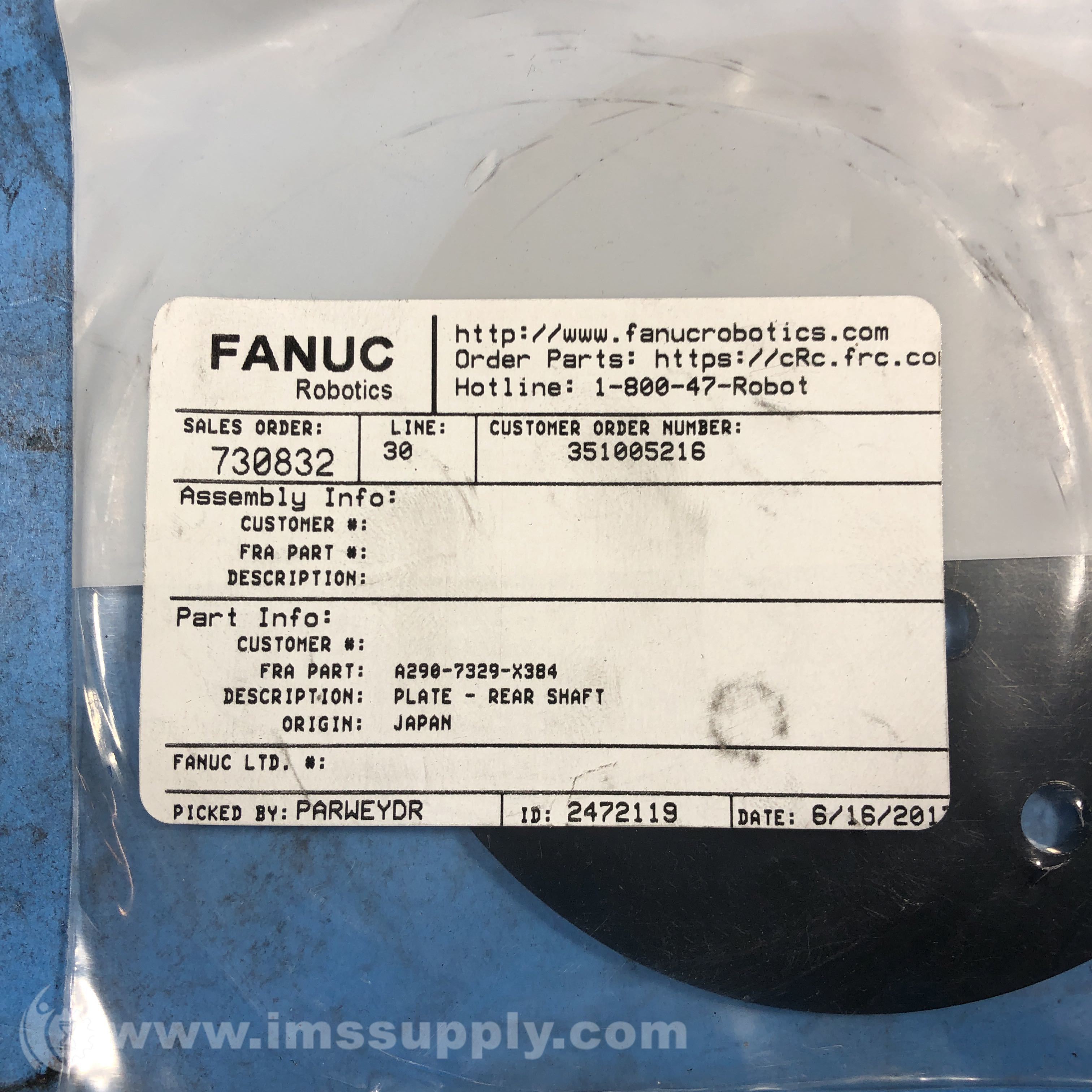 Fanuc A290-7329-X384 Rear Shaft Plate - IMS Supply