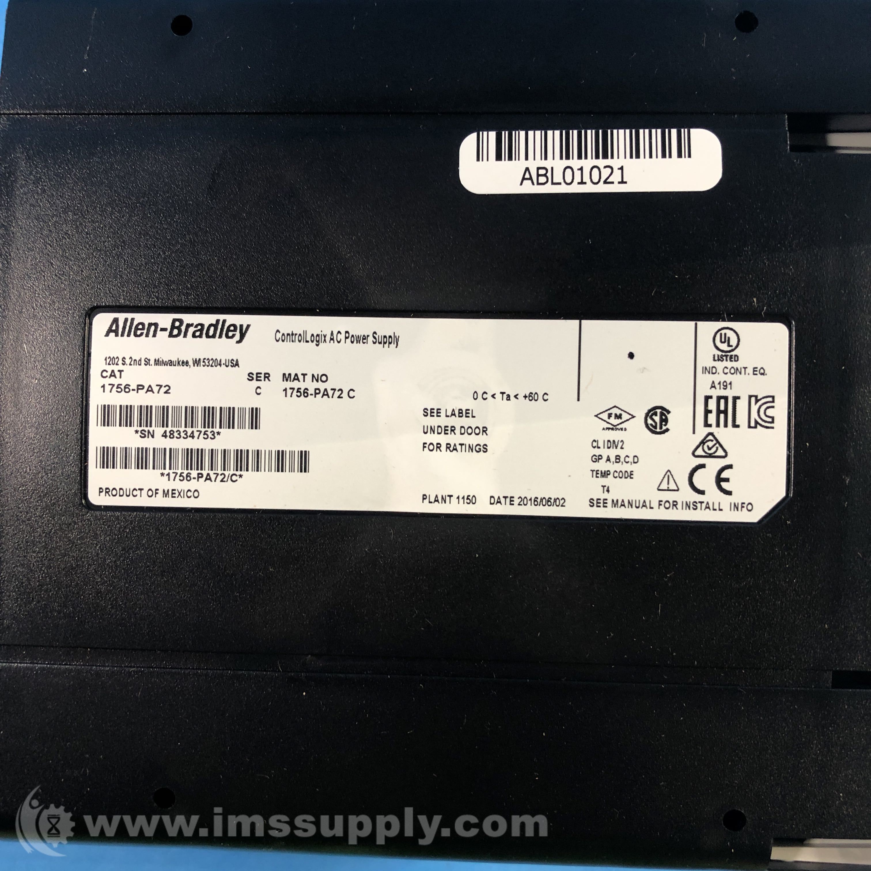 Allen Bradley 1756-PA72 Series C ControlLogix Power Supply - IMS Supply