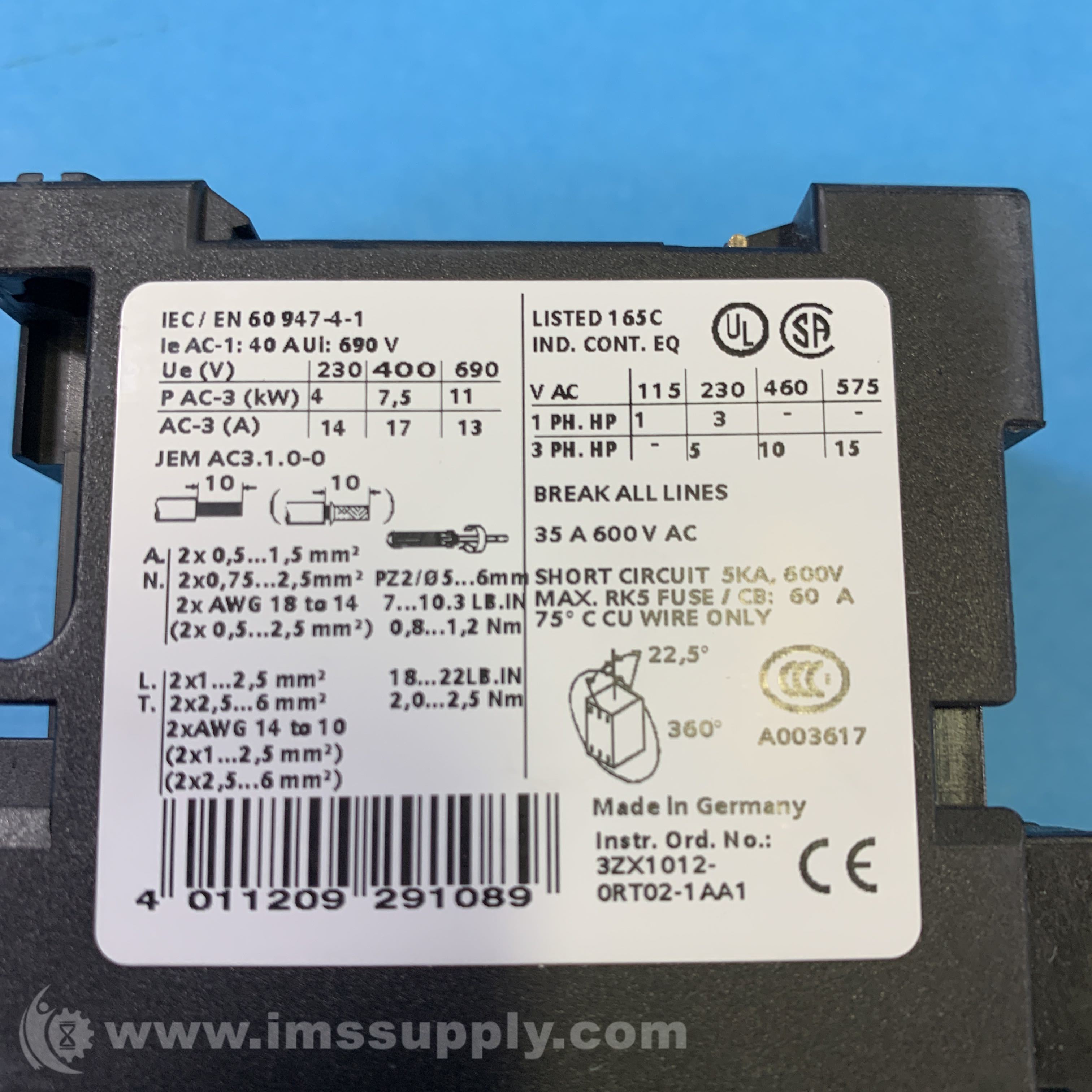 Siemens 3RT1026-1BB40 Contactor, 25 A - IMS Supply