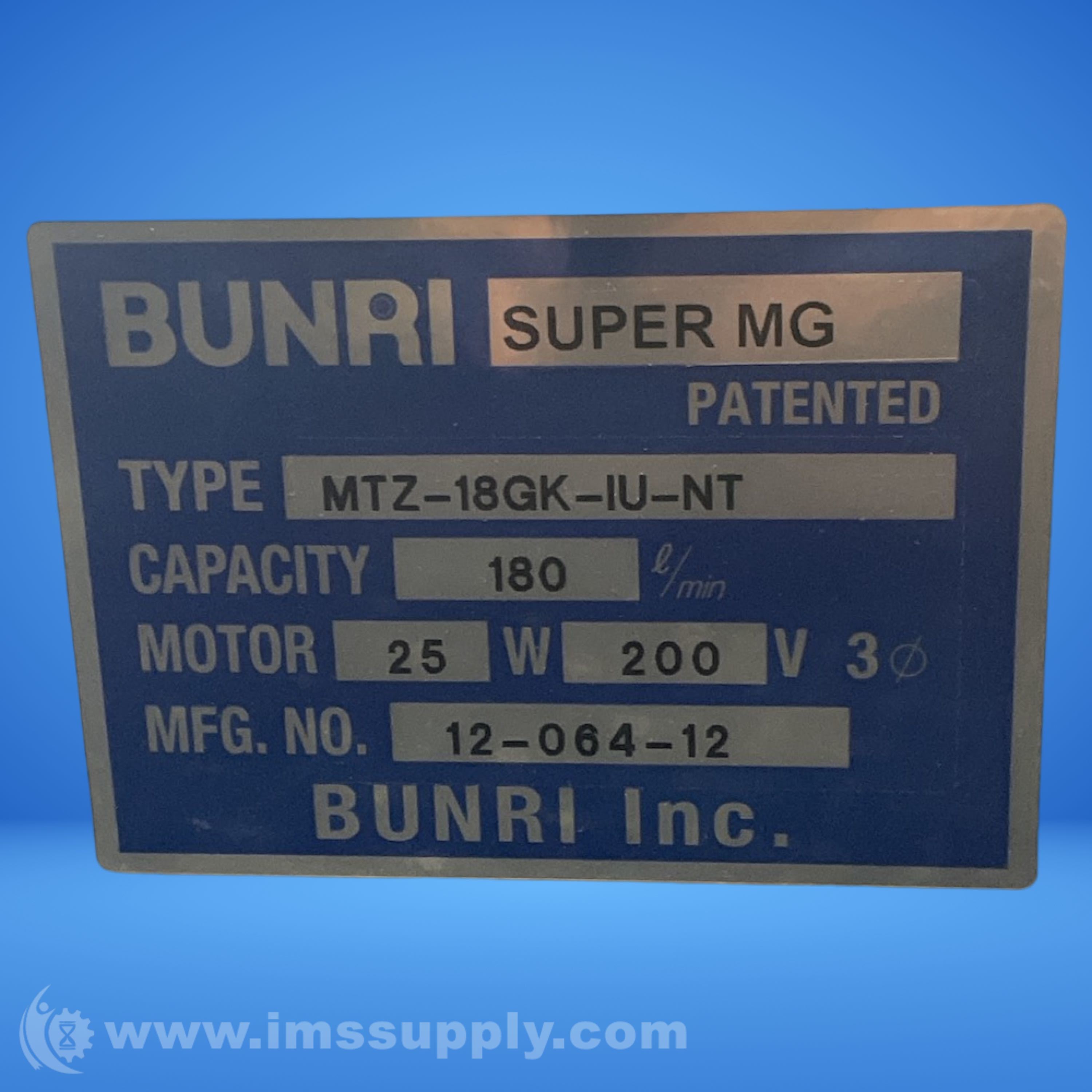 Bunri Inc. MTZ-18GK-IU-NT Magnetic Seperator - IMS Supply
