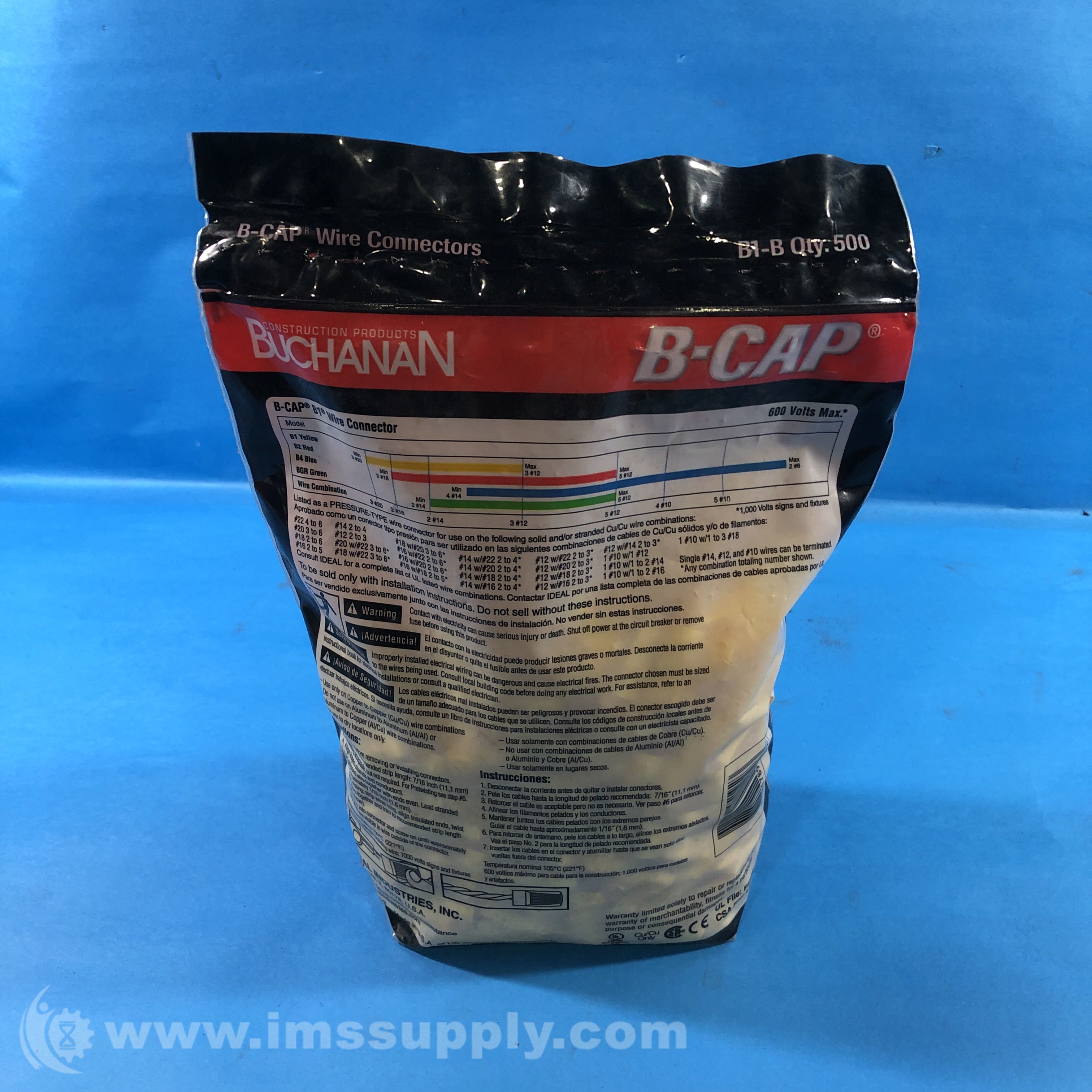 Ideal B1-B Bag of 500 Yellow B-CAP Wire Connectors, 22-10-AWG - IMS Supply