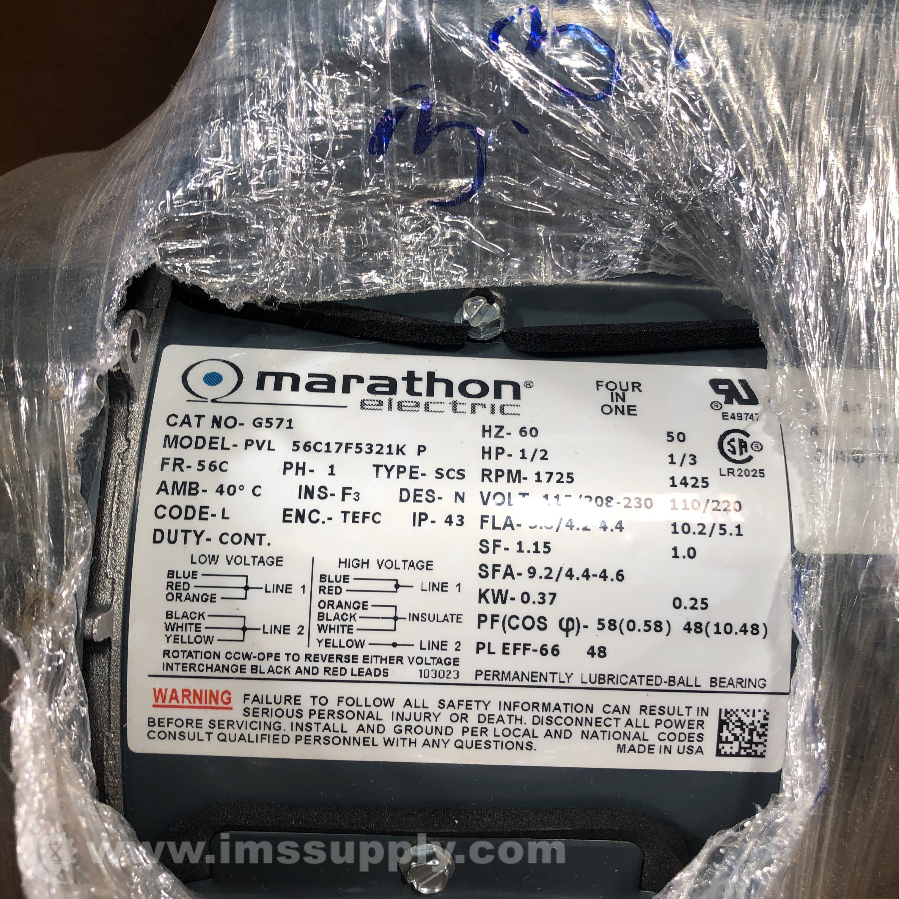 Marathon Electric G571 Electric Motor, 1/2HP 1725RPM - IMS Supply