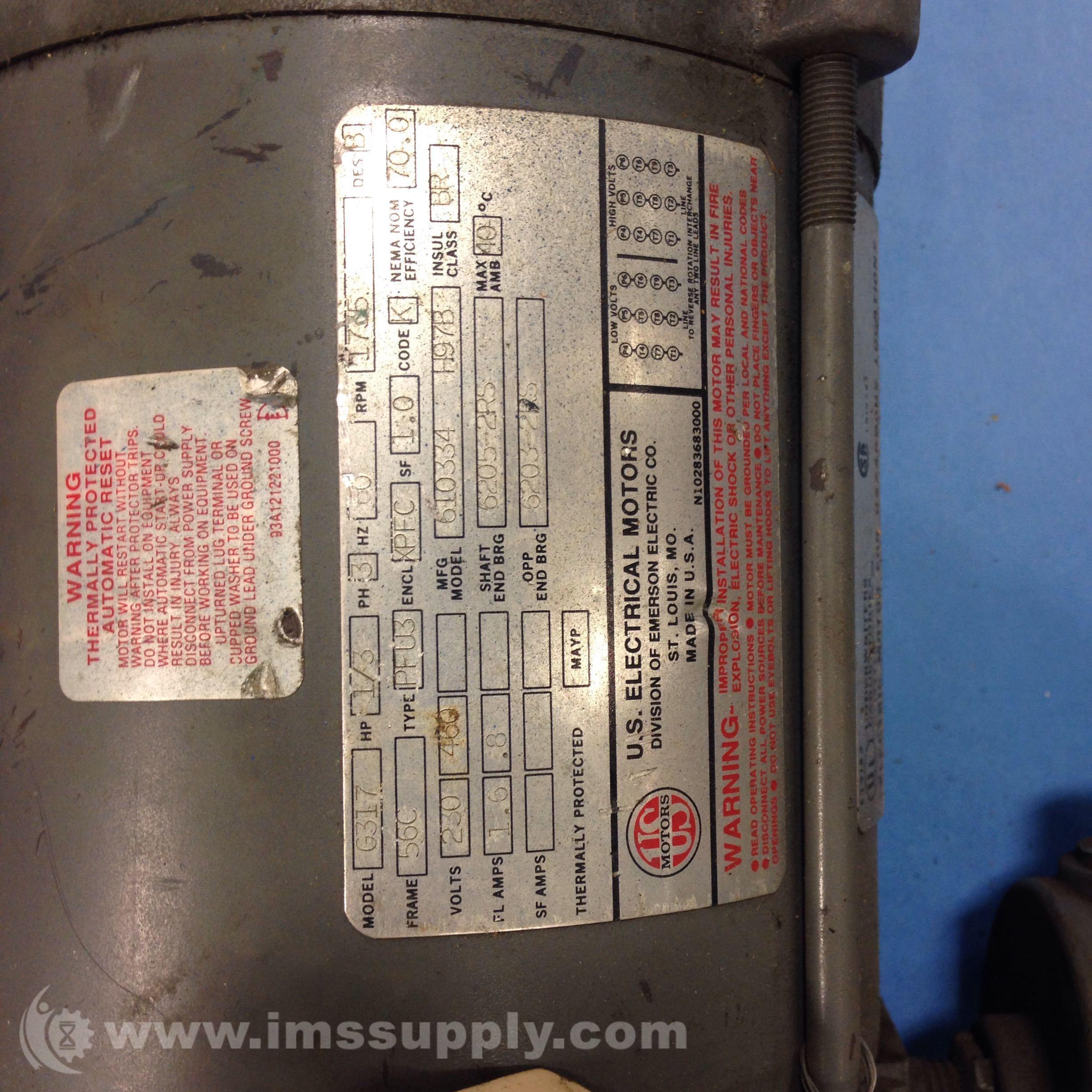 US Motors G317 Electric Motor, 1/3 HP, PH 3, Hz 60 Frame 56C - IMS Supply