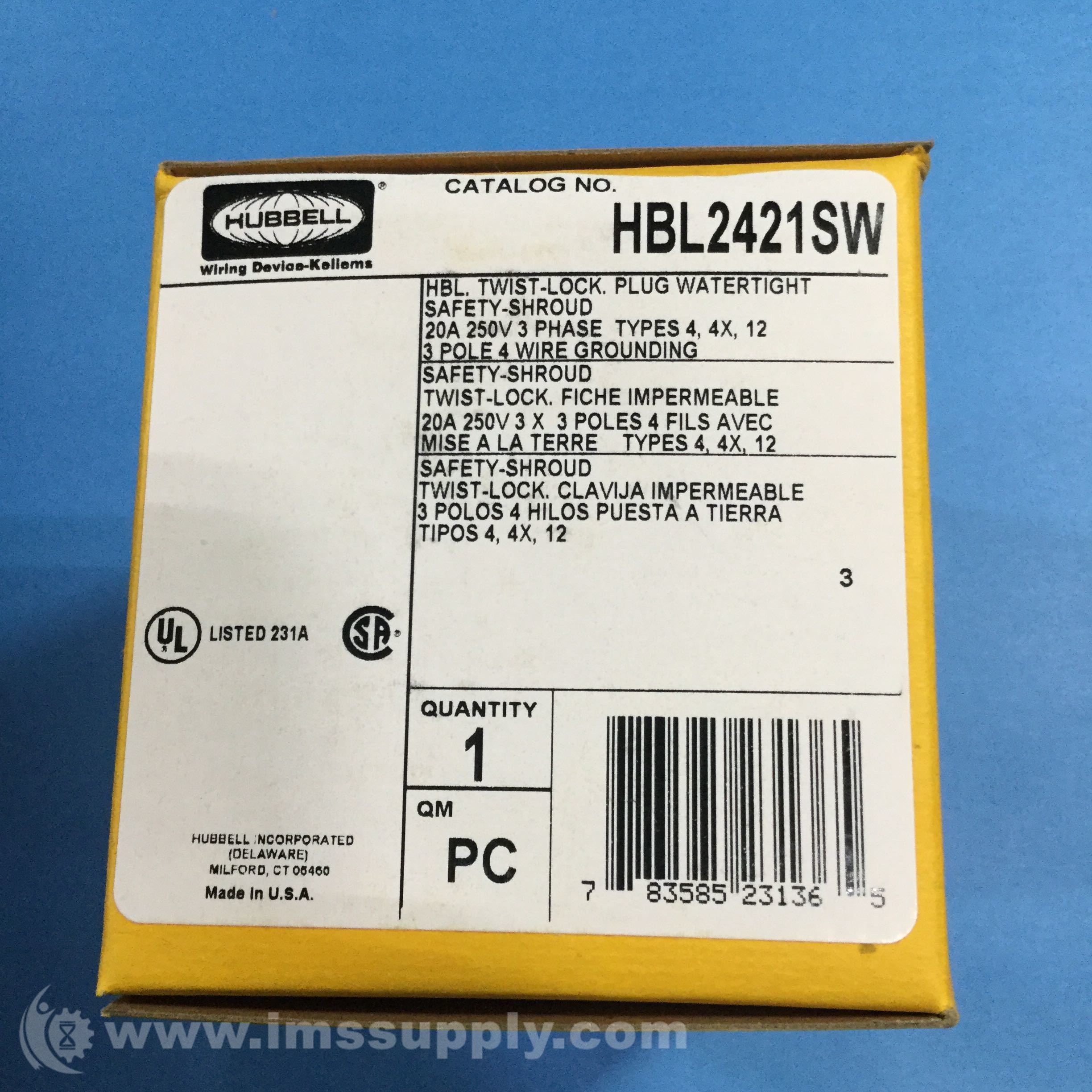Hubbell HBL2421SW Watertight Locking Plug, Twist-Lock, 20A - IMS Supply