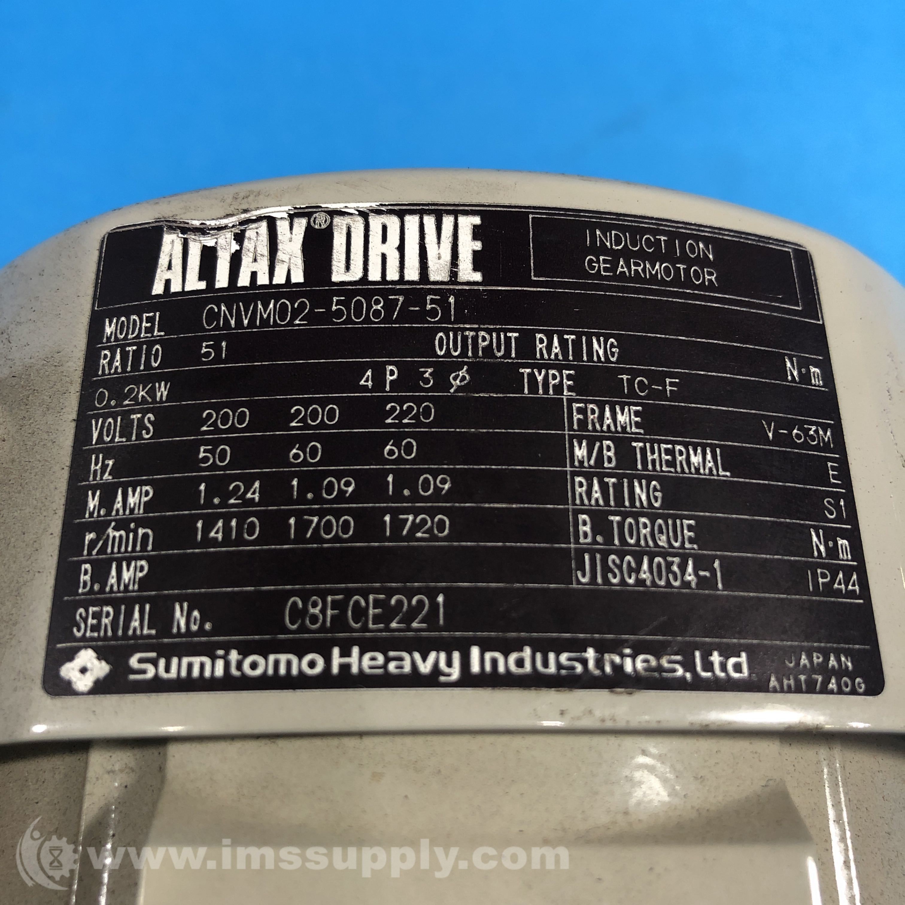 Sumitomo Heavy Industries CNVM02-5087-51 Induction Gear Motor - IMS Supply