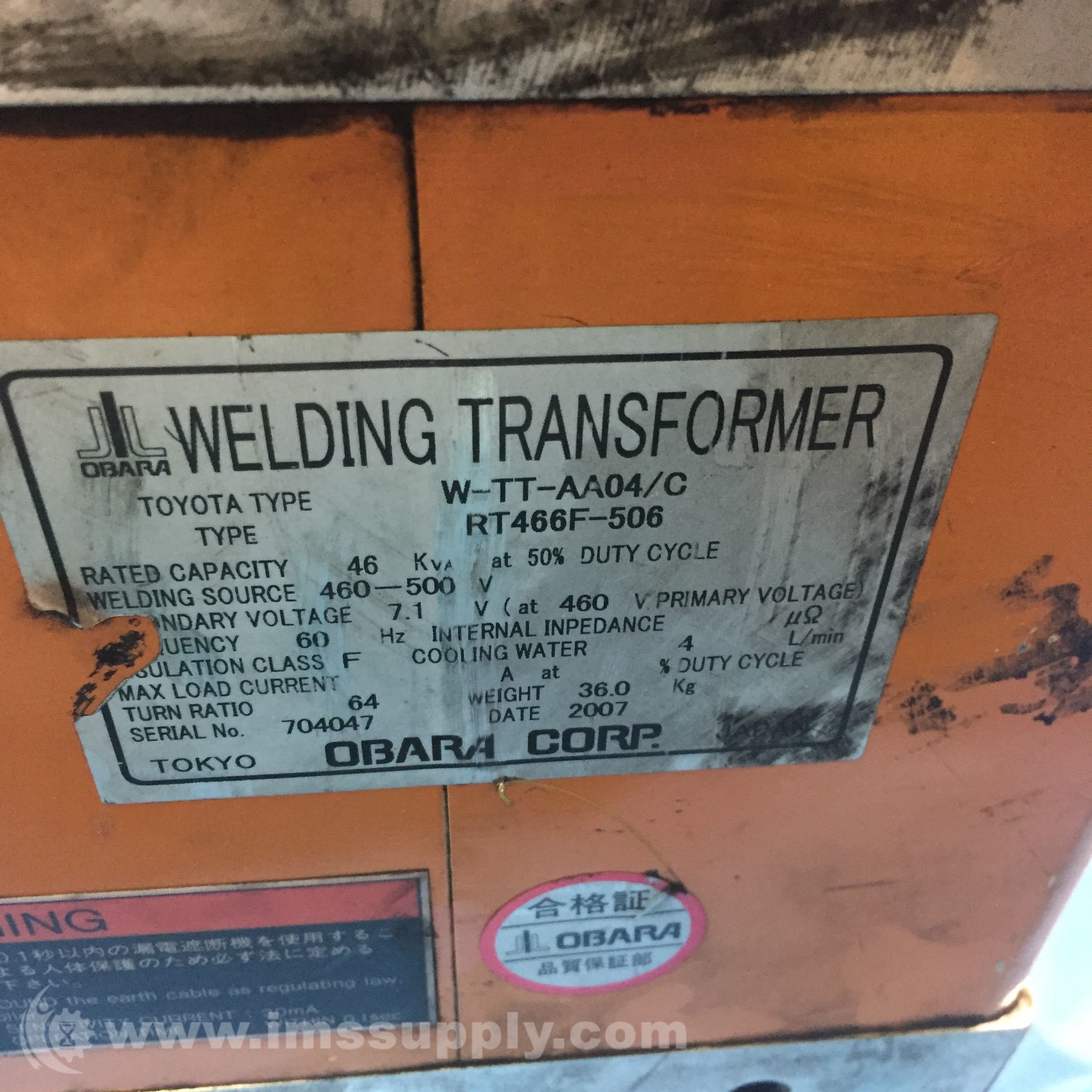 Obara W-TT-AA04/C Welding Transformer, 460-500V - IMS Supply