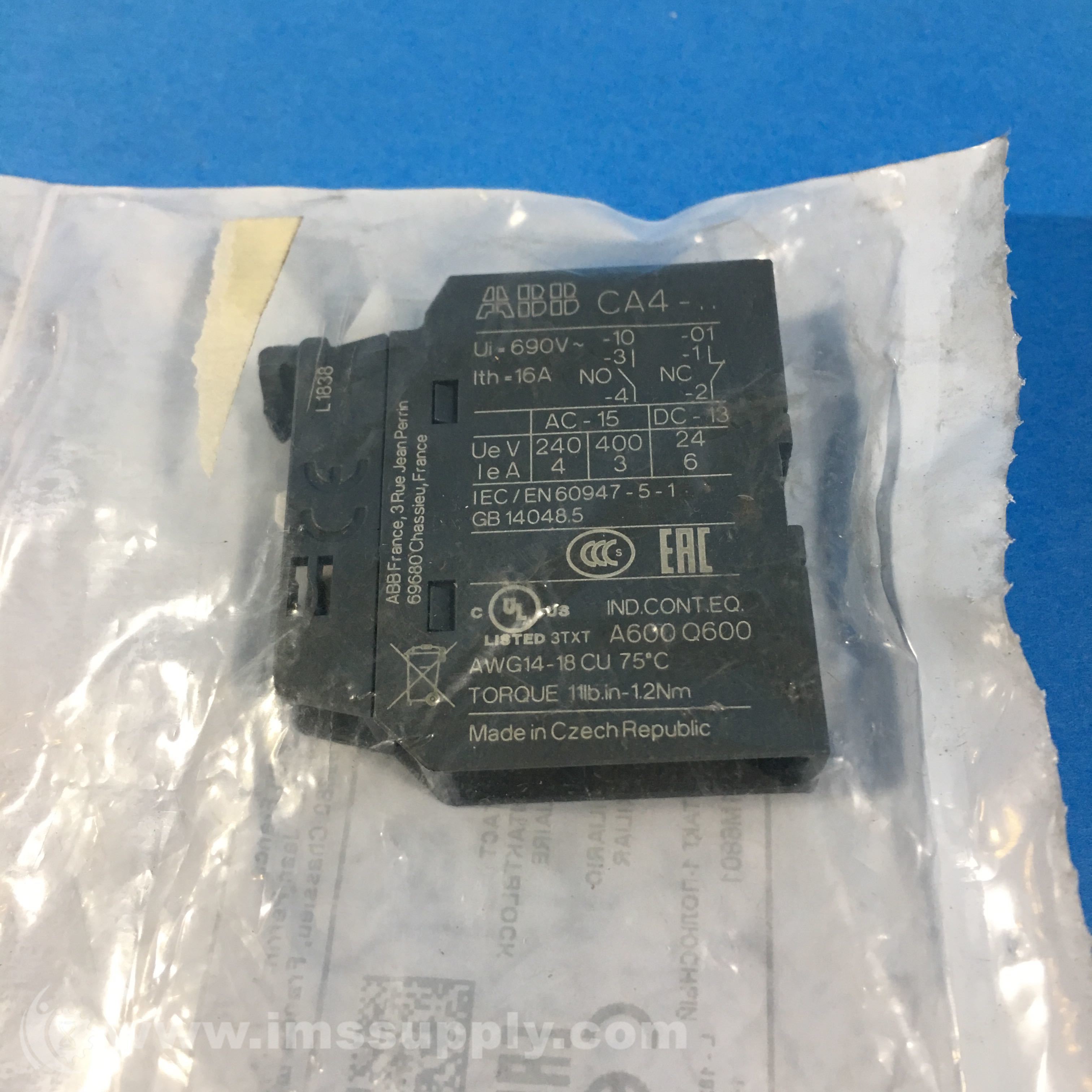 ABB CA4-01 Contact Block, Connector, Auxilary, 1NC, AF09-AF38 - IMS Supply
