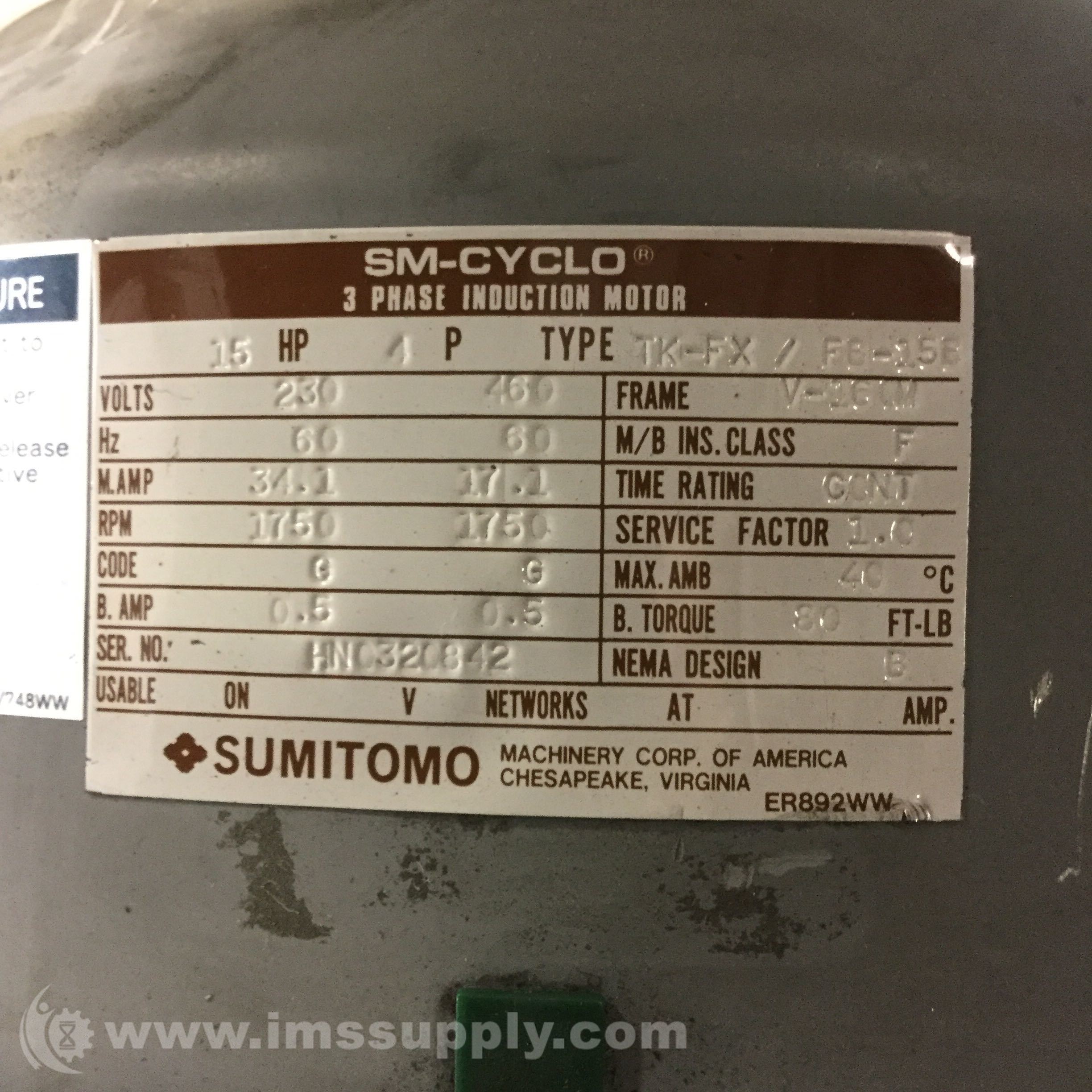 Sumitomo TK-FX / FB-15B, 3 Phase Industrial Motor - IMS Supply