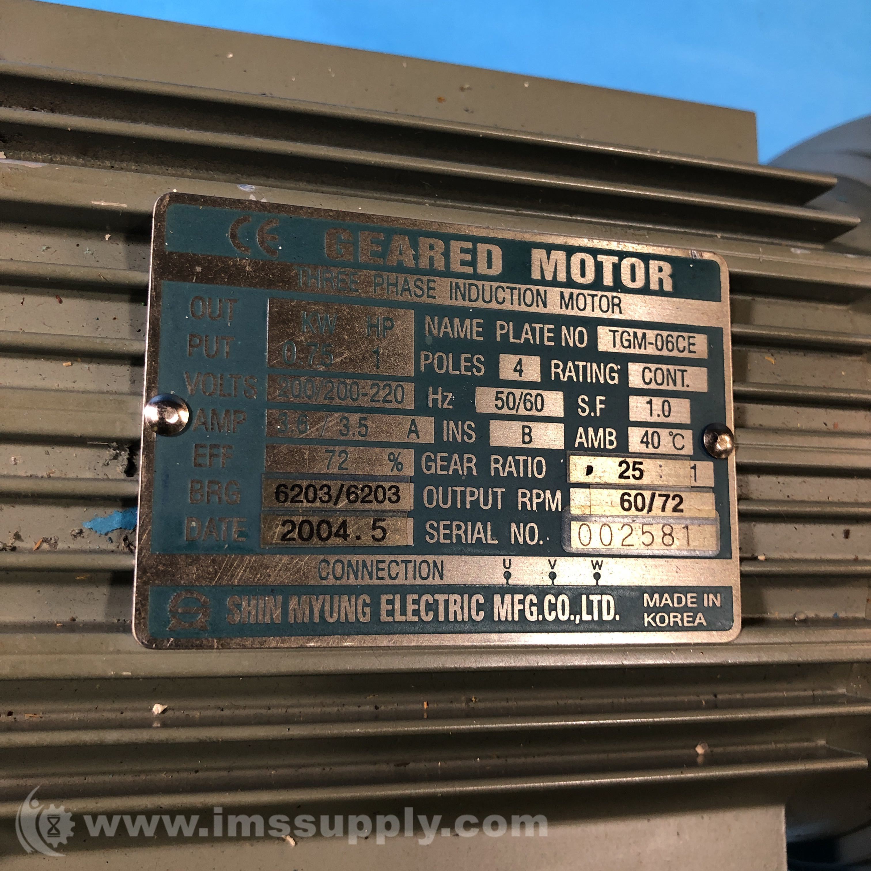 Shin Myung Electric Mfg TGM-06CE Three Phase Induction Motor - IMS Supply