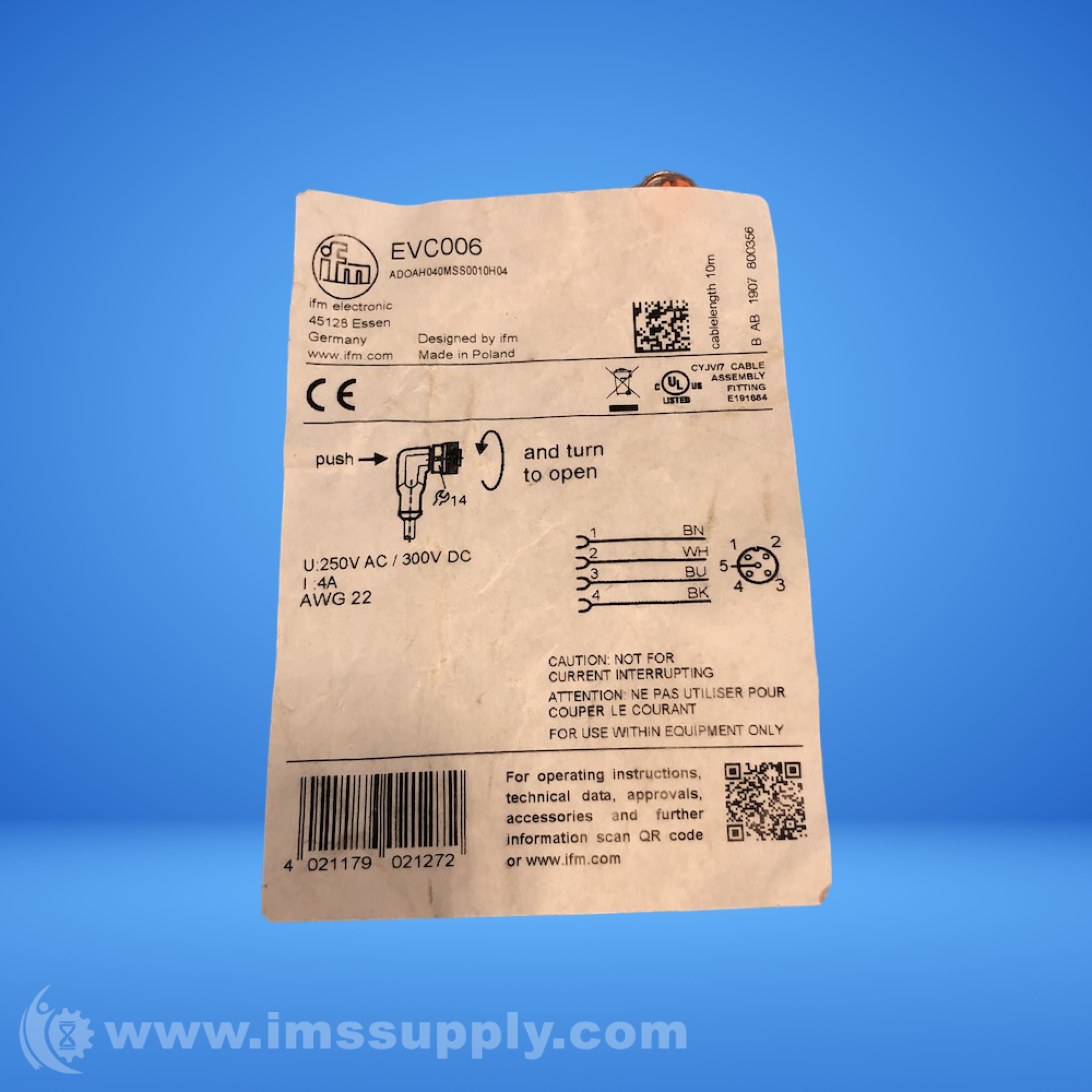 Ifm EVC006 Female Cordset, 250V AC / 300V DC, 22 AWG, 10M - IMS Supply