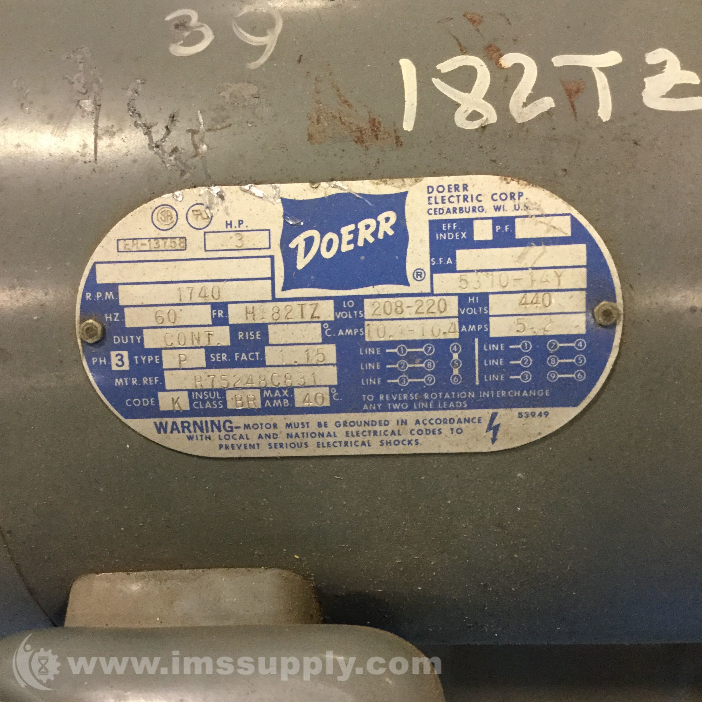 Doerr Electric Corp. LR-13758 HP3 RPM1740 FRH182TZ PH3 Motor - IMS Supply