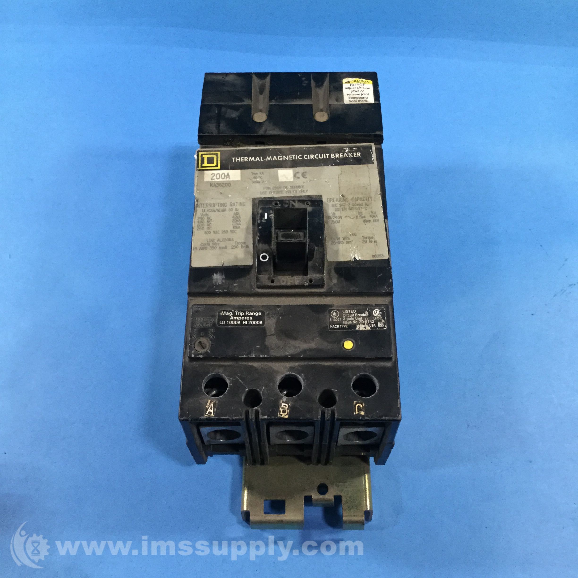 Square D KA36200 Molded Case Circuit Breaker, 200 Amp, 600V - IMS Supply