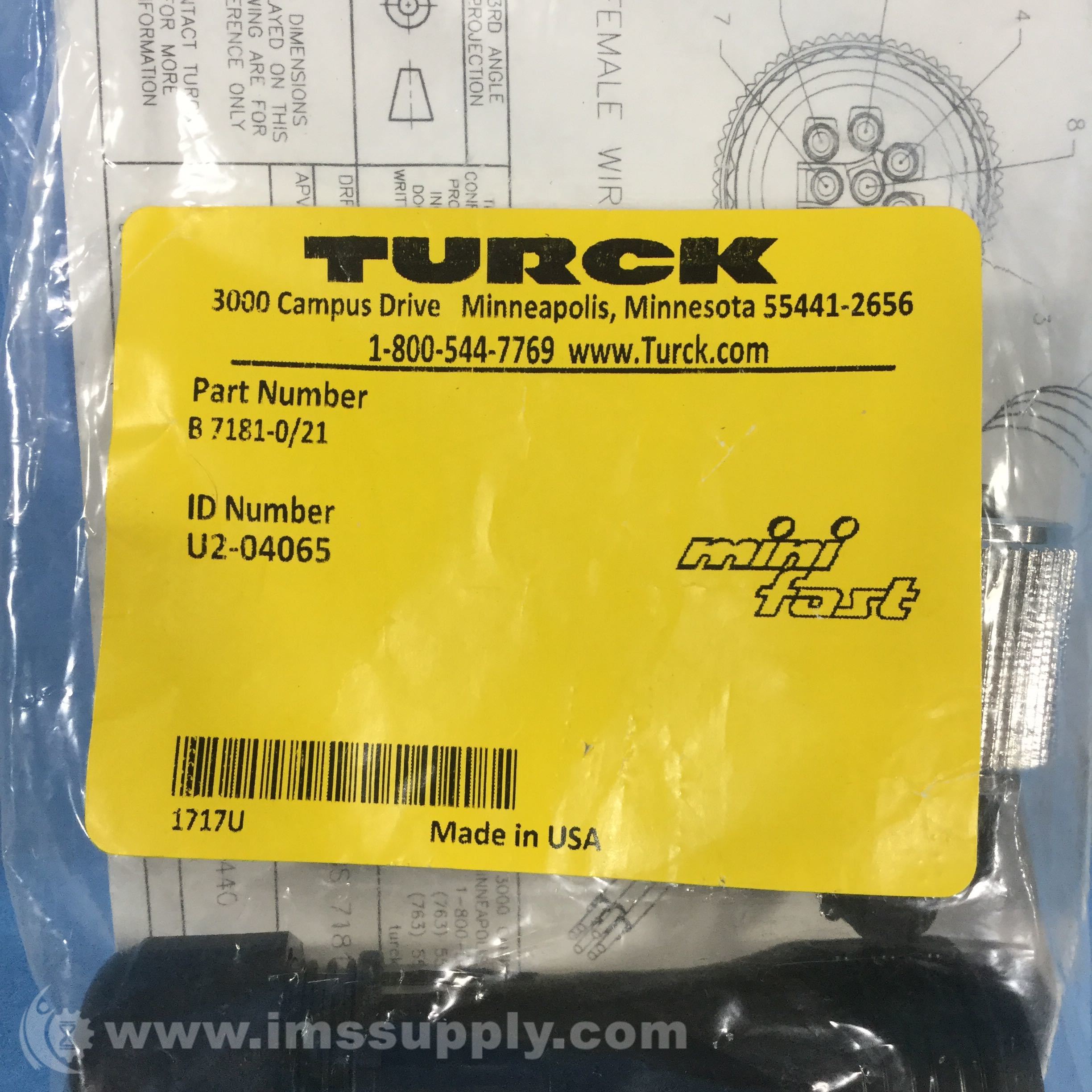 Turck B 7181-0/21 1 Round Connector, 8 Pin, Field Wireable - IMS Supply