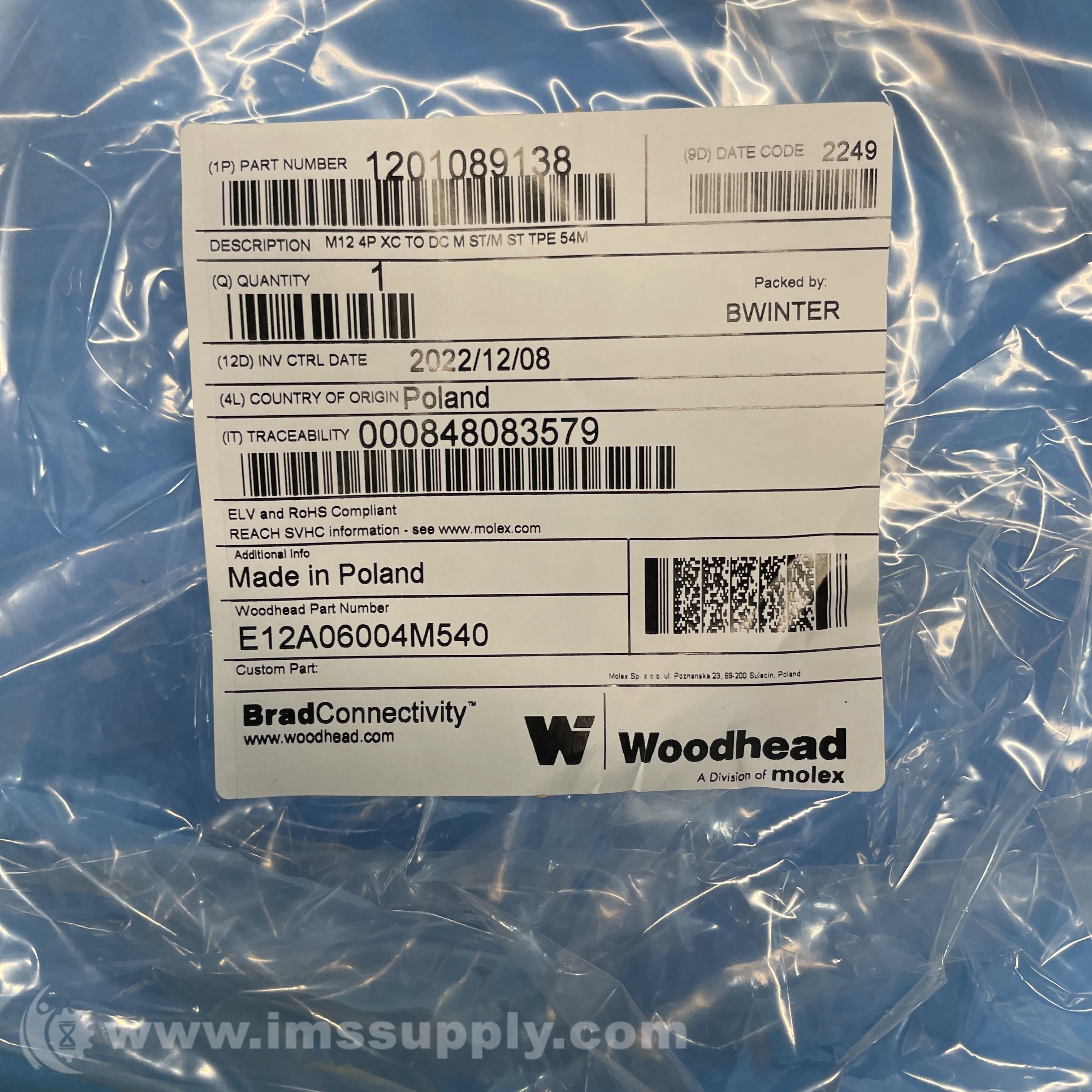 Woodhead E12A06004M540 Connector Cable Cordset - IMS Supply