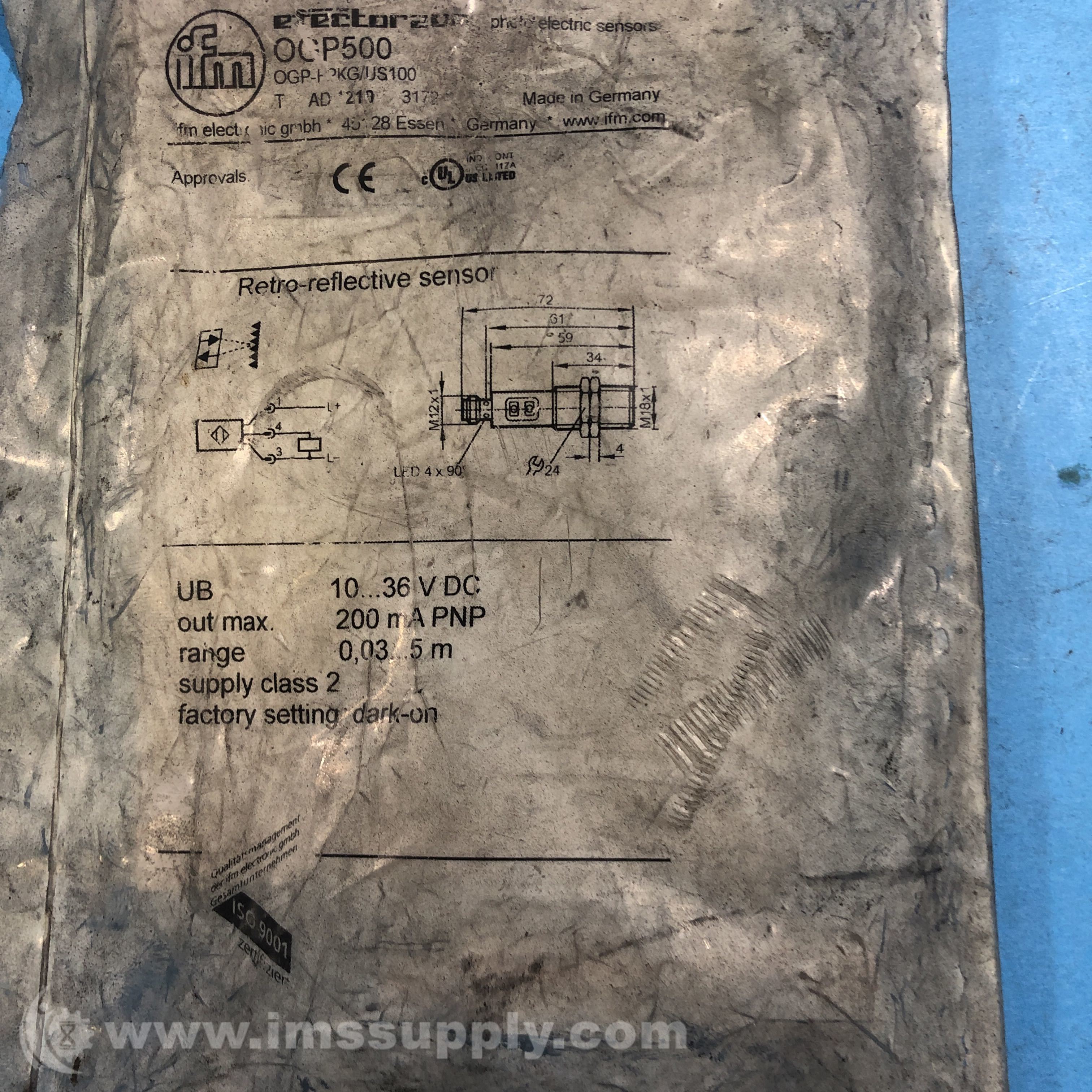 Ifm OGP500 Photoelectric Sensor, Retroreflective, PNP, 0.2m Range - IMS ...