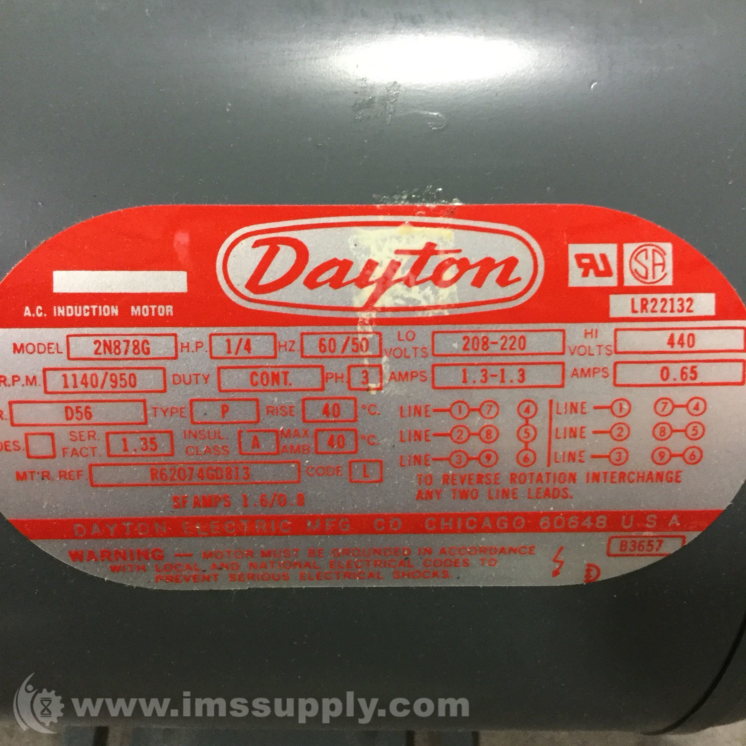 Dayton 2N878G D56 Frame 1/4HP 60/50HZ 208-220V 1140/950RPM 3PH - IMS Supply