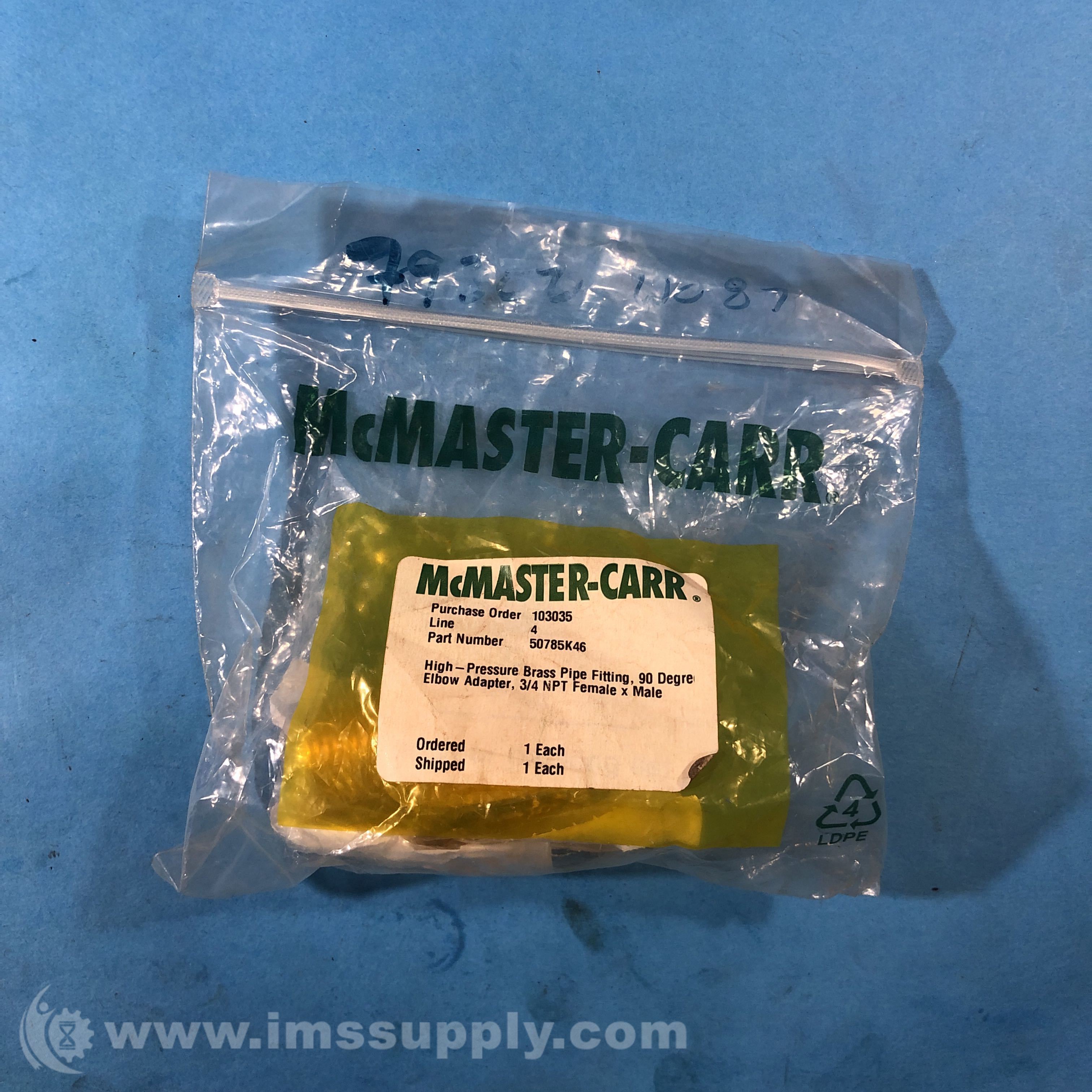McMaster-Carr 50785K46 High-Pressure Brass Pipe Fitting 90 Degree - IMS ...