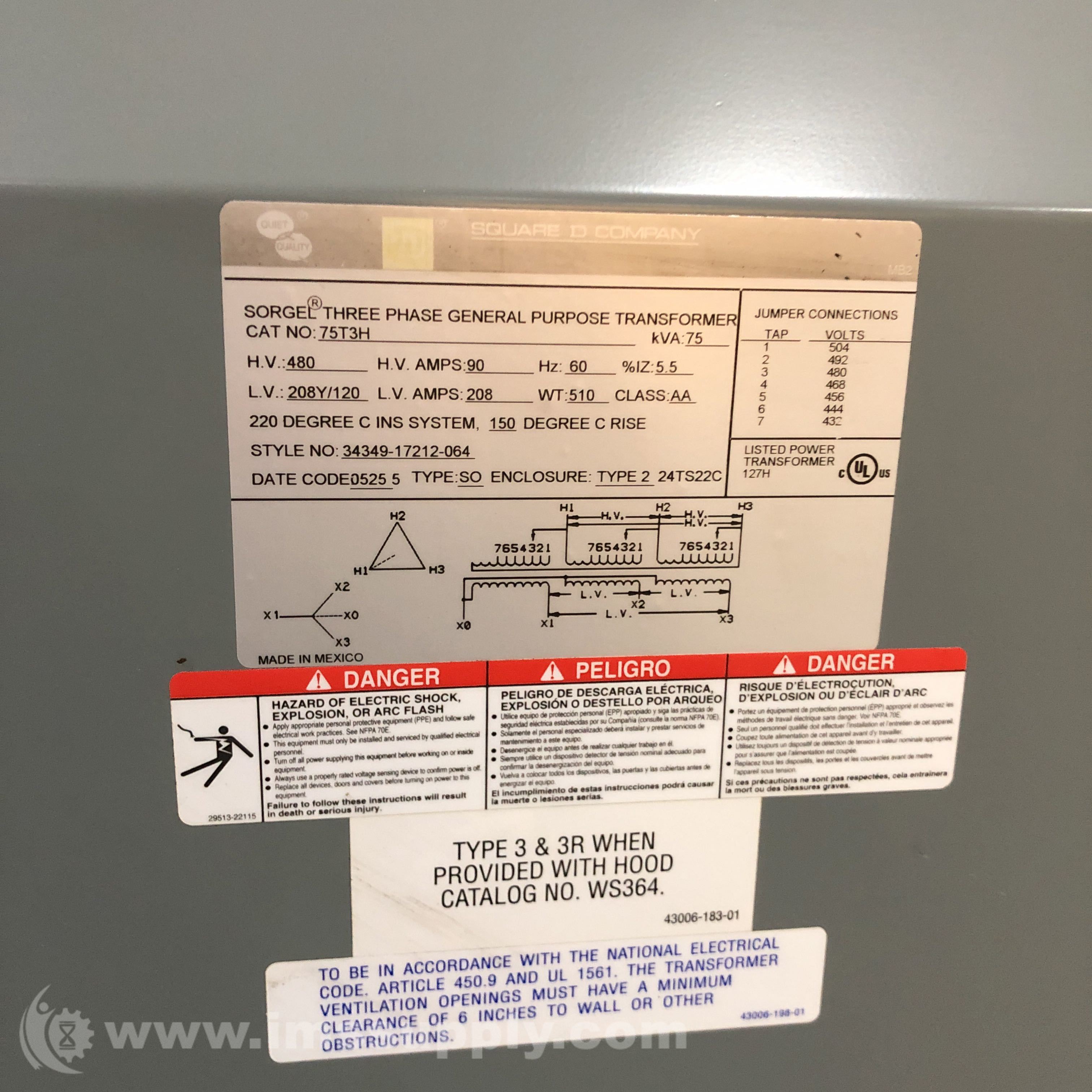 Square D 75T3H Sorgel Three Phase General Purpose Transformer - IMS Supply