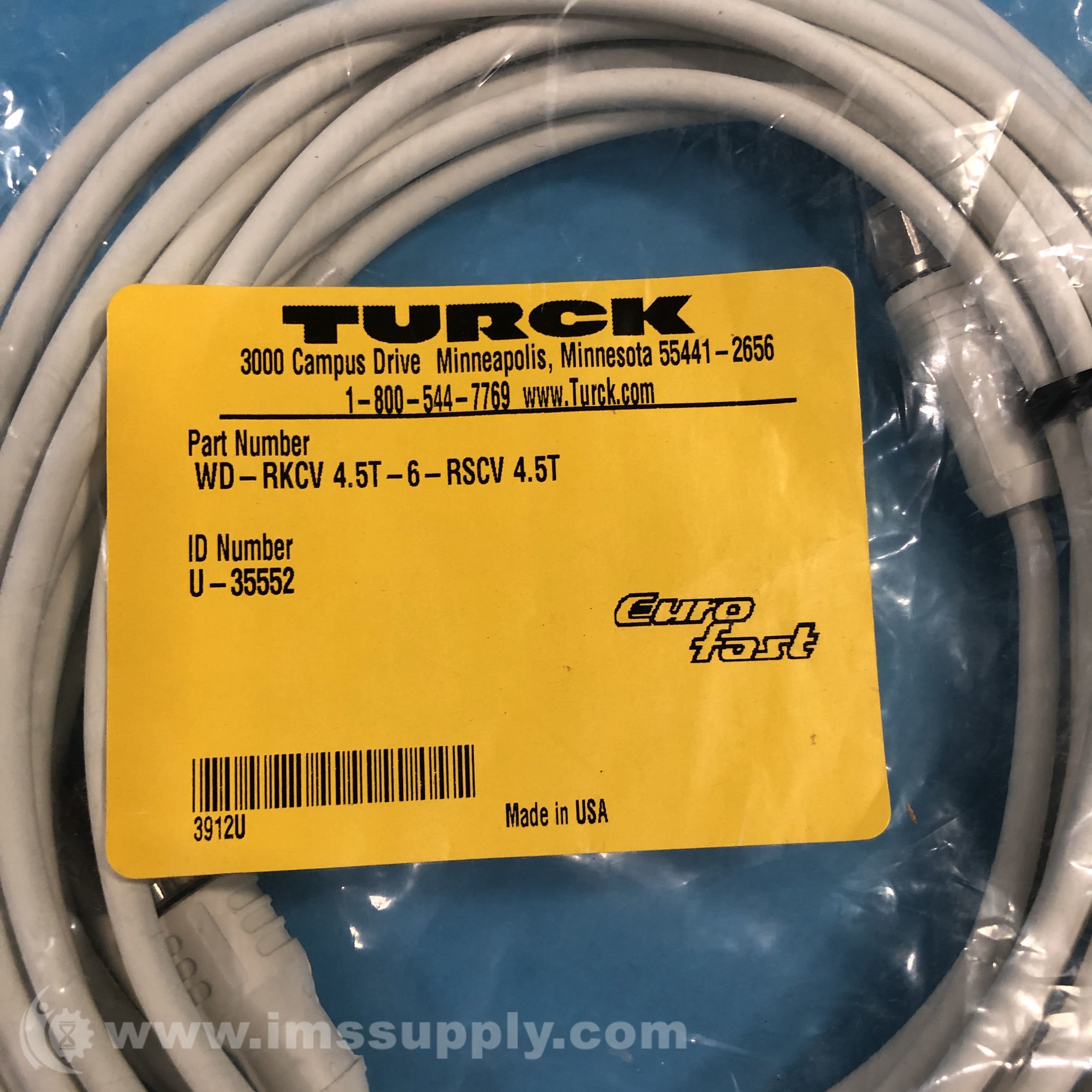 Turck WD-RKCV 4.5T-6-RSCV 4.5T M12 Eurofast Cordset Straight, 6m - IMS ...