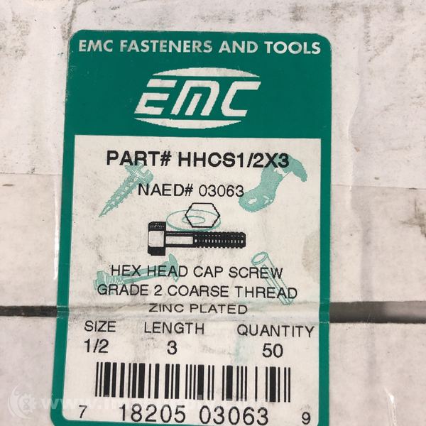 Emc 03063 Box of 50 HHCS1/2X3 Grade 2 Hex Head Cap Screws - IMS Supply