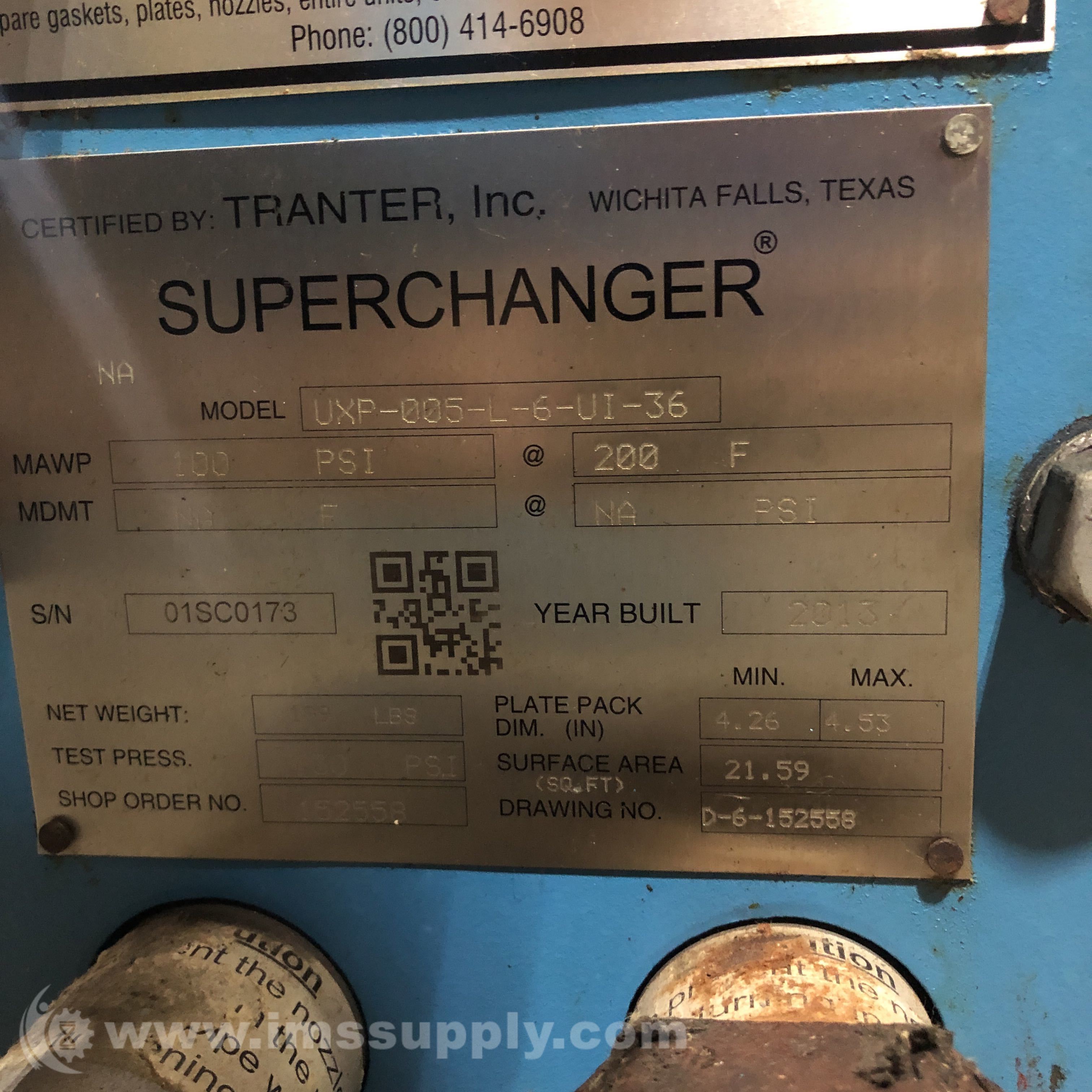 Tranter UXP-005-L-6-UI-36 Heat Exchanger, 21.59 Surface Area - IMS Supply