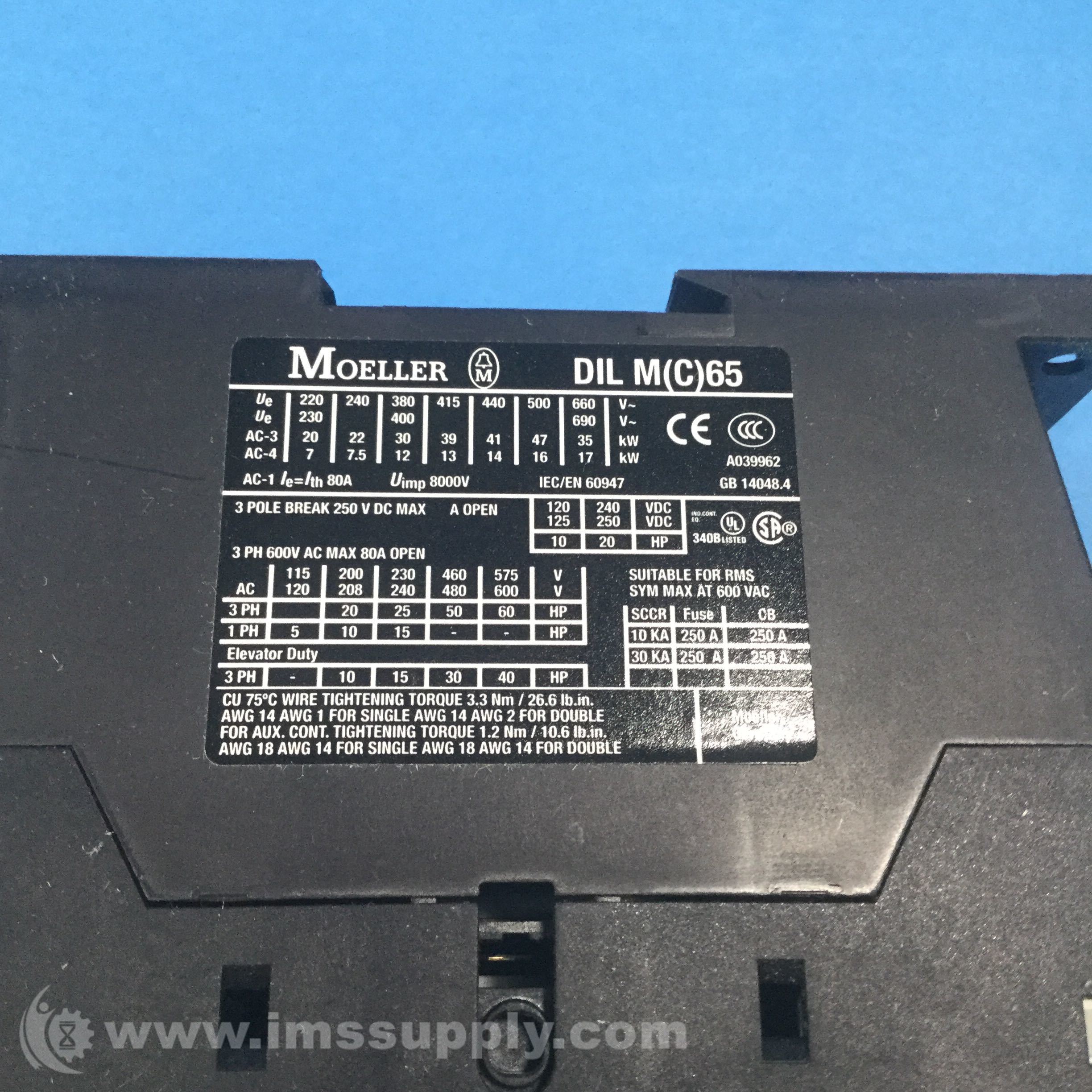 Moeller Electric DILM65 Contactor, 3-pole, 65 Amp - IMS Supply