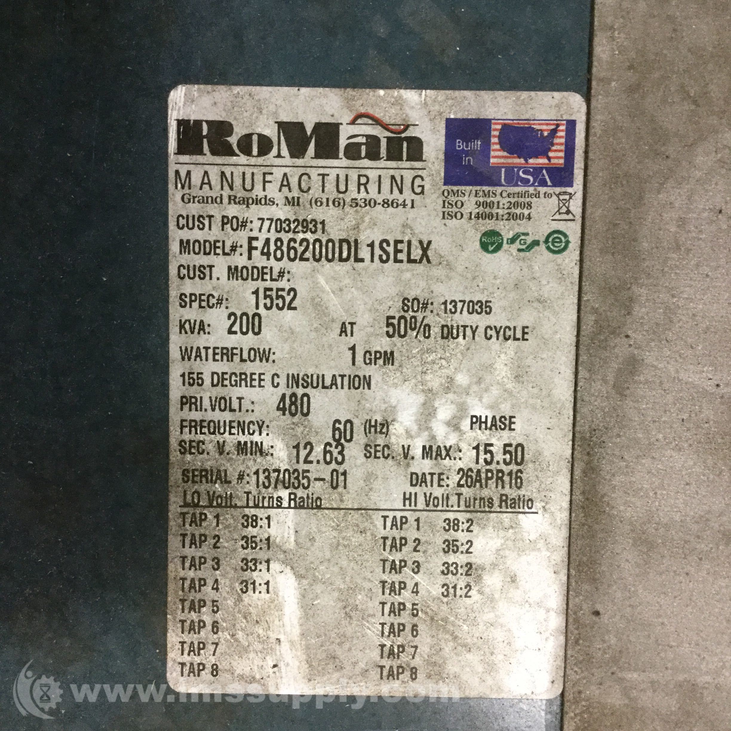 Roman Manufacturing F486200DL1SELX Welding Transformer - IMS Supply