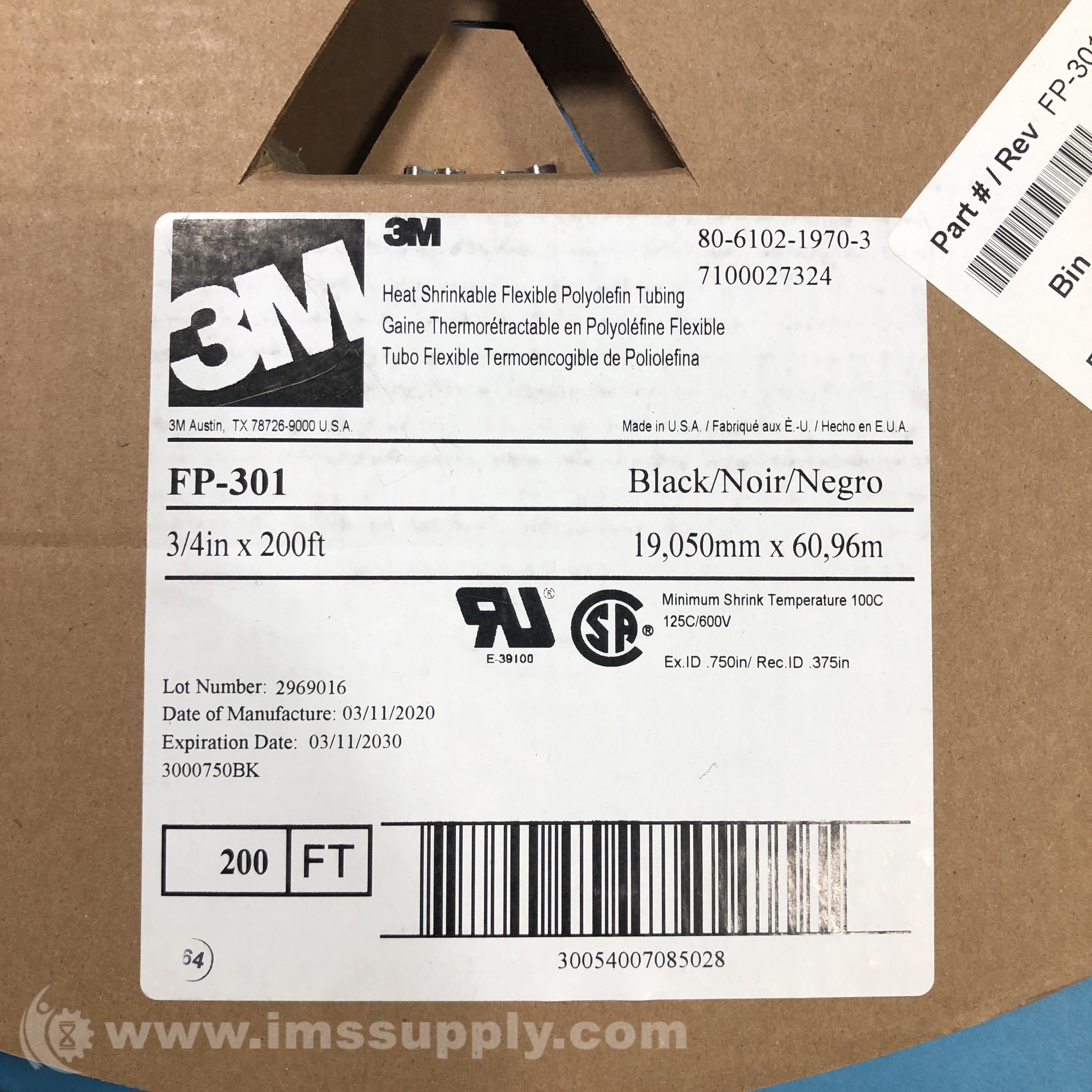 3M FP-301-3/4-B Heat Shrink Tubing and Sleeves, 3/4X200', Black - IMS ...