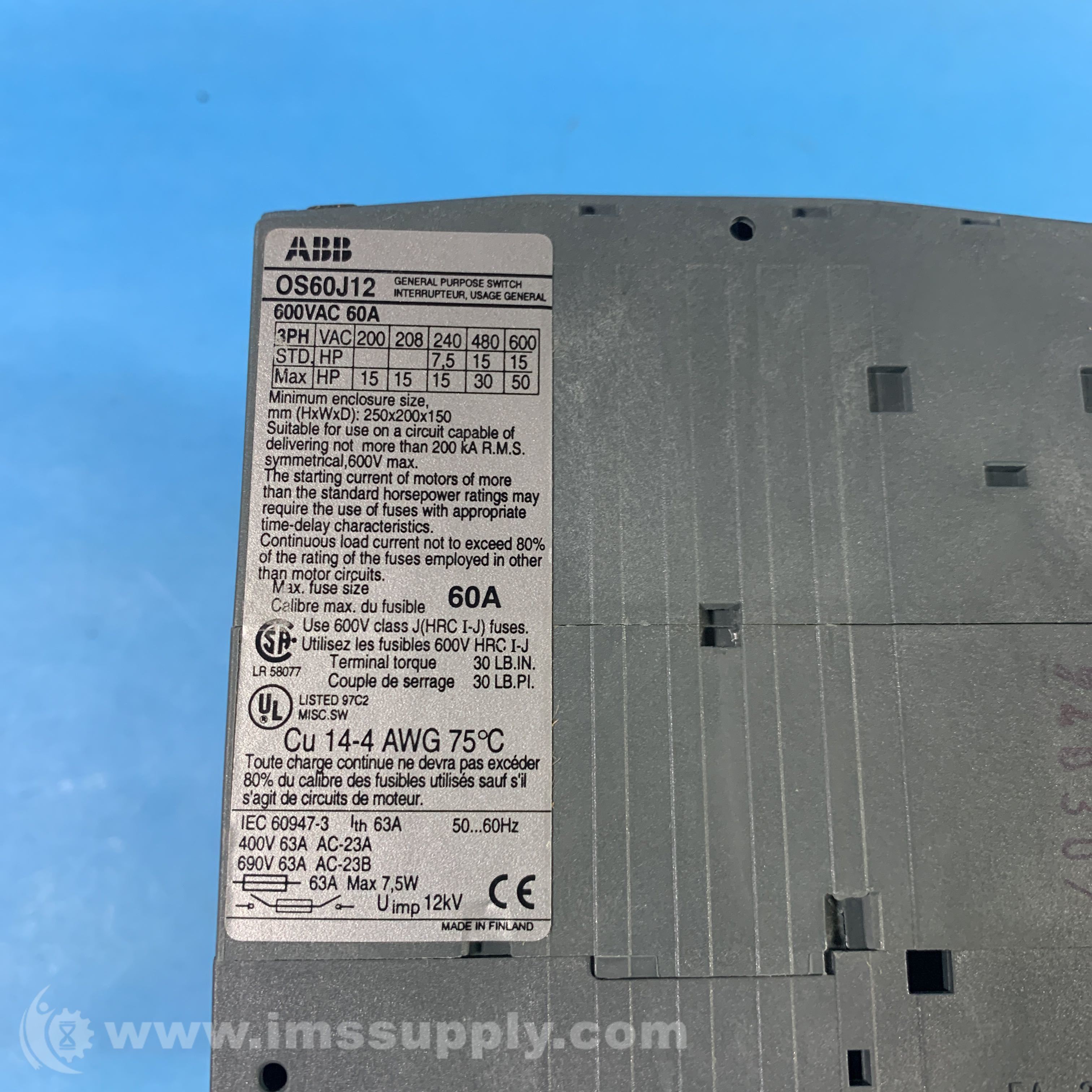 ABB OS60J12 Fusible Disconnect Switch, 3-P, 60A/600V - IMS Supply