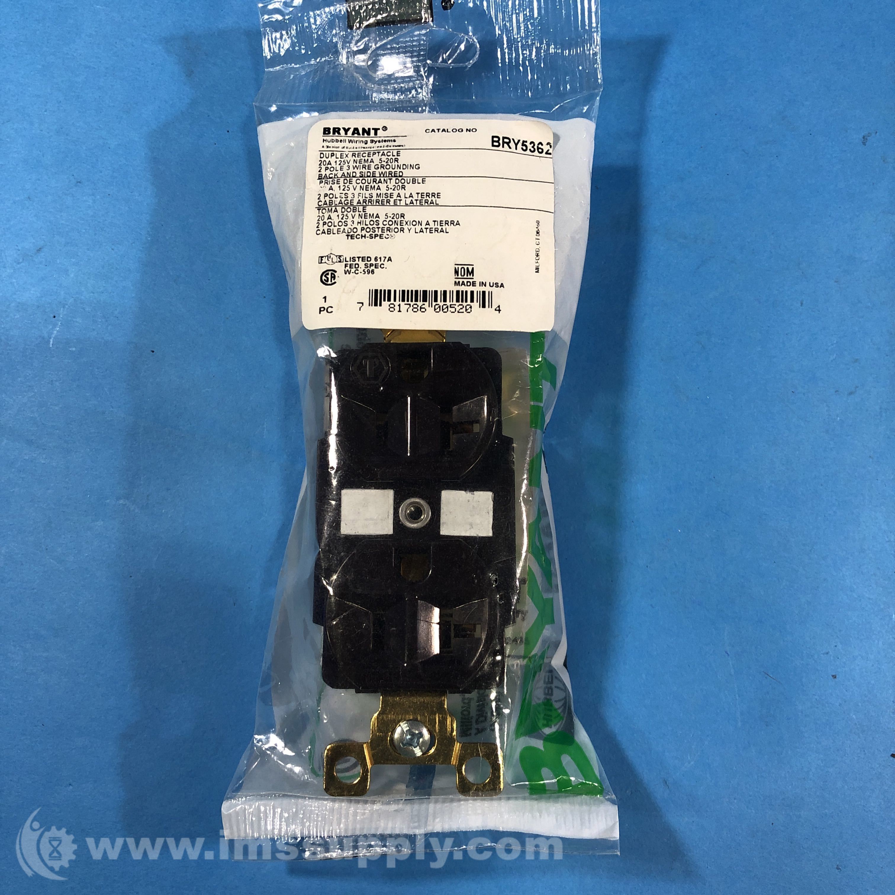Bryant BRY5362 20A 125V Finder Groove Face Duplex Receptacle - IMS Supply