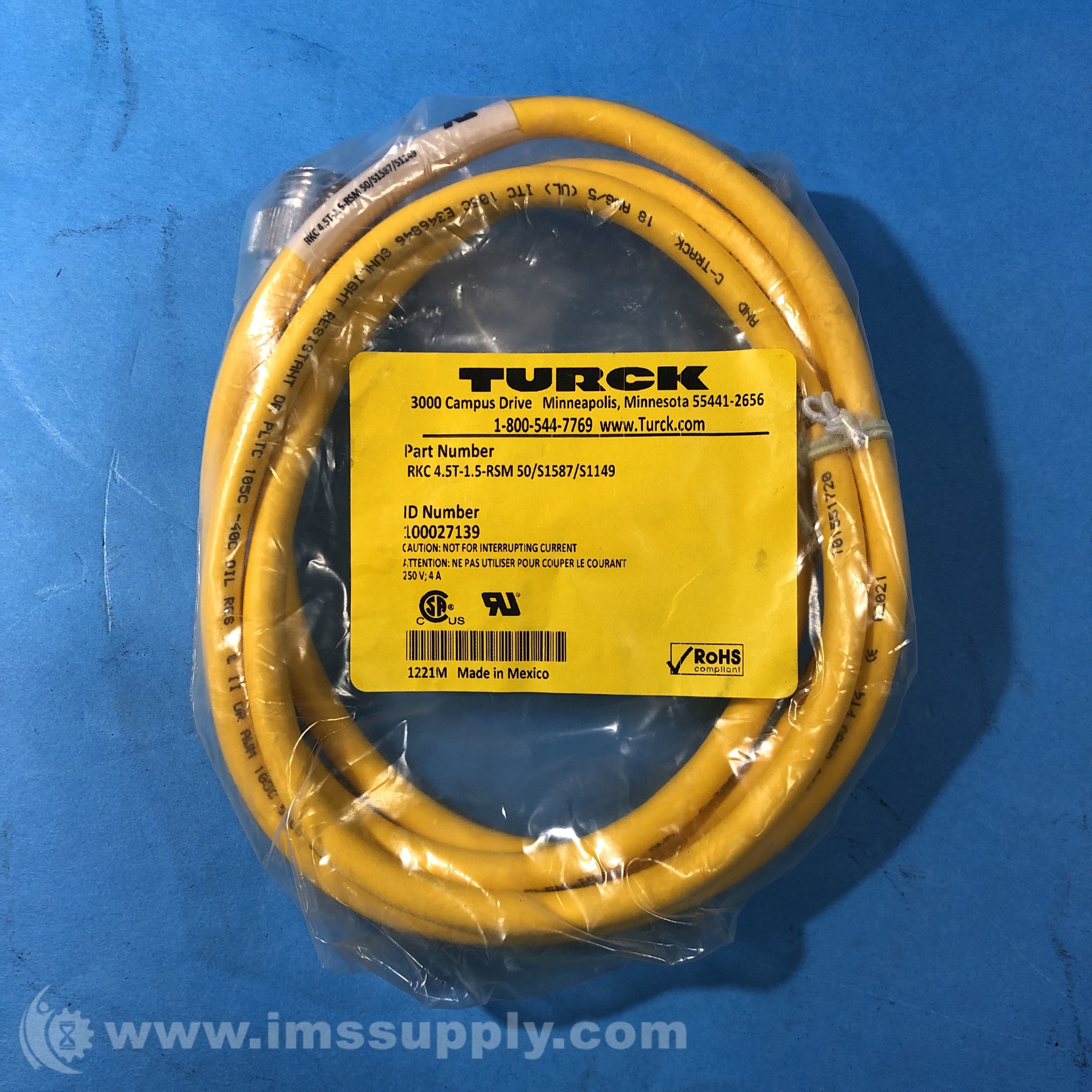 Turck RKC 4.5T-1.5-RSM 50/S1587/S1149 Double Ended Cordset - IMS Supply