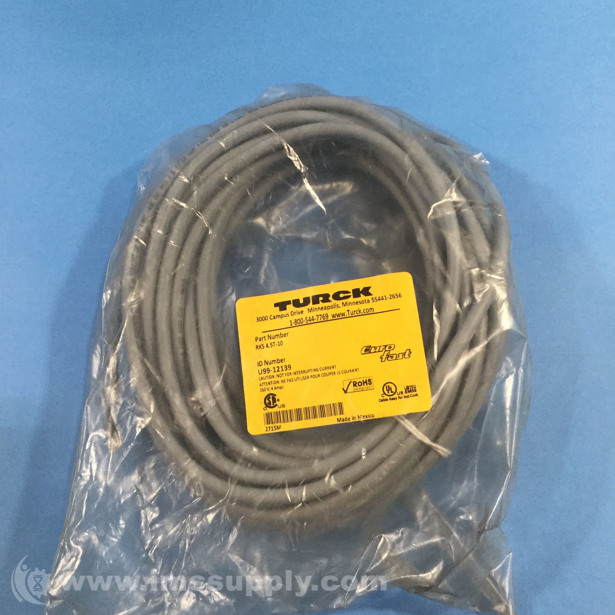 Turck RKS 4.5T-10 M12 Eurofast 5-Wire Cordset, 10M Cable Length - IMS ...