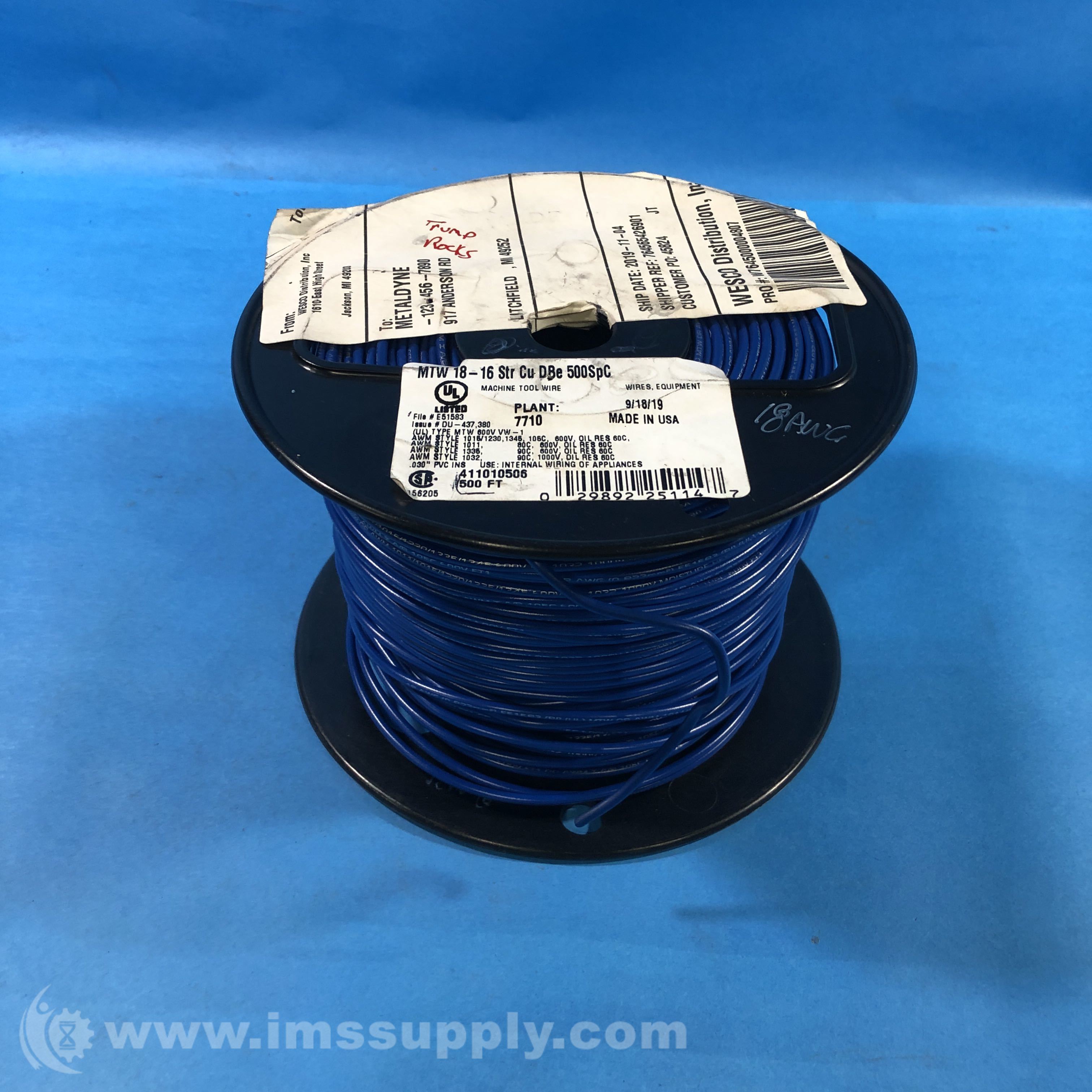 Southwire 411010506 Length 500 Ft Machine Tool Wire - IMS Supply