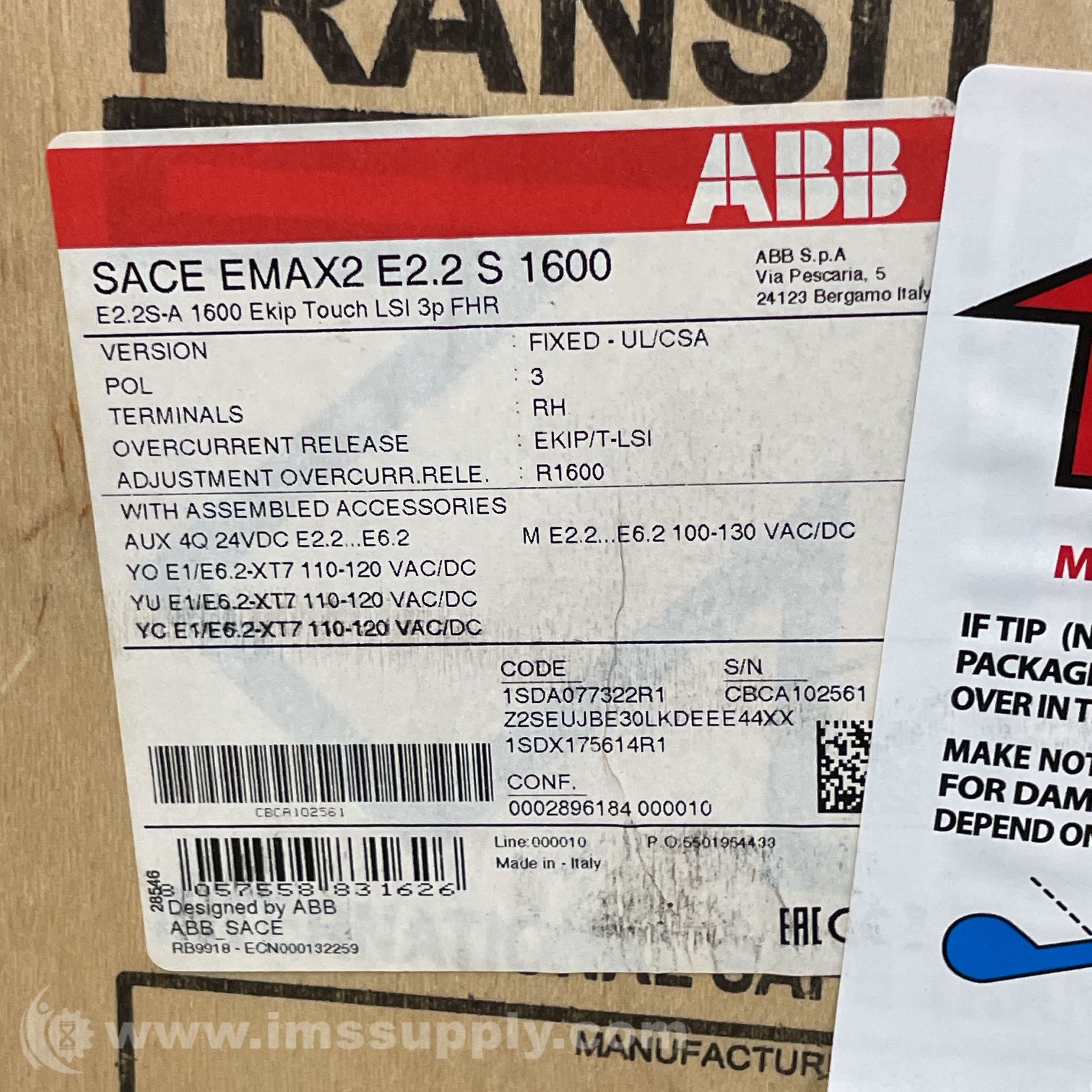 ABB SACE EMAX2 E2.2 S 1600 Air Circuit Breaker - IMS Supply