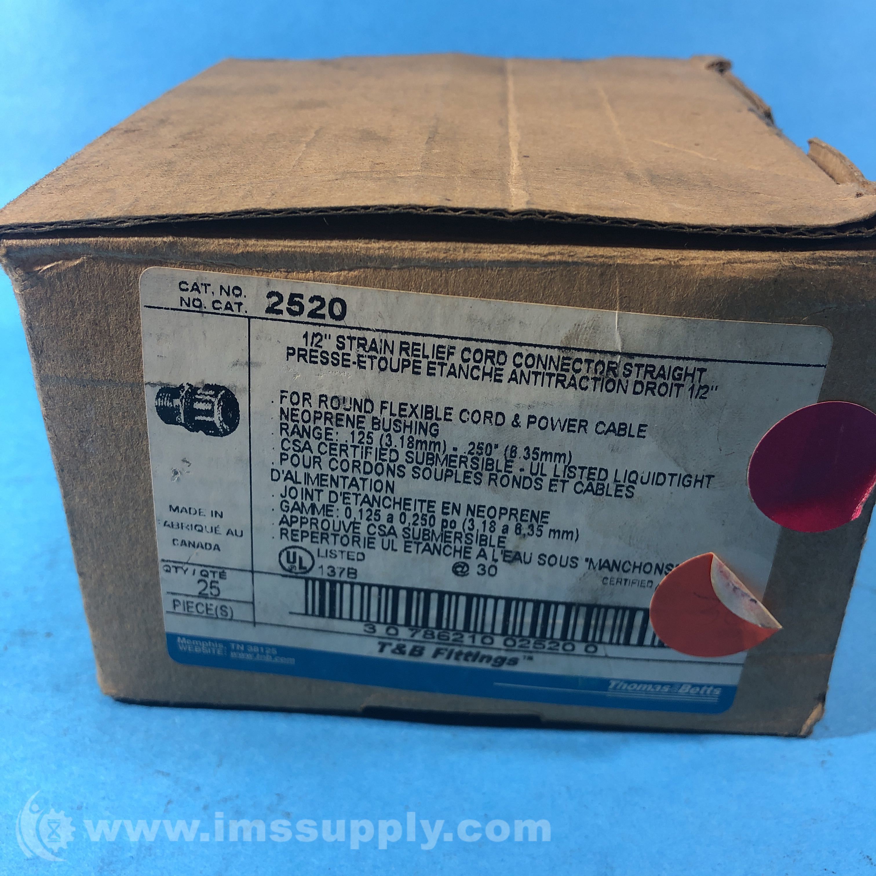 T&b 2520 Box of 25 1/2 Strain Relief Cord Connectors - IMS Supply