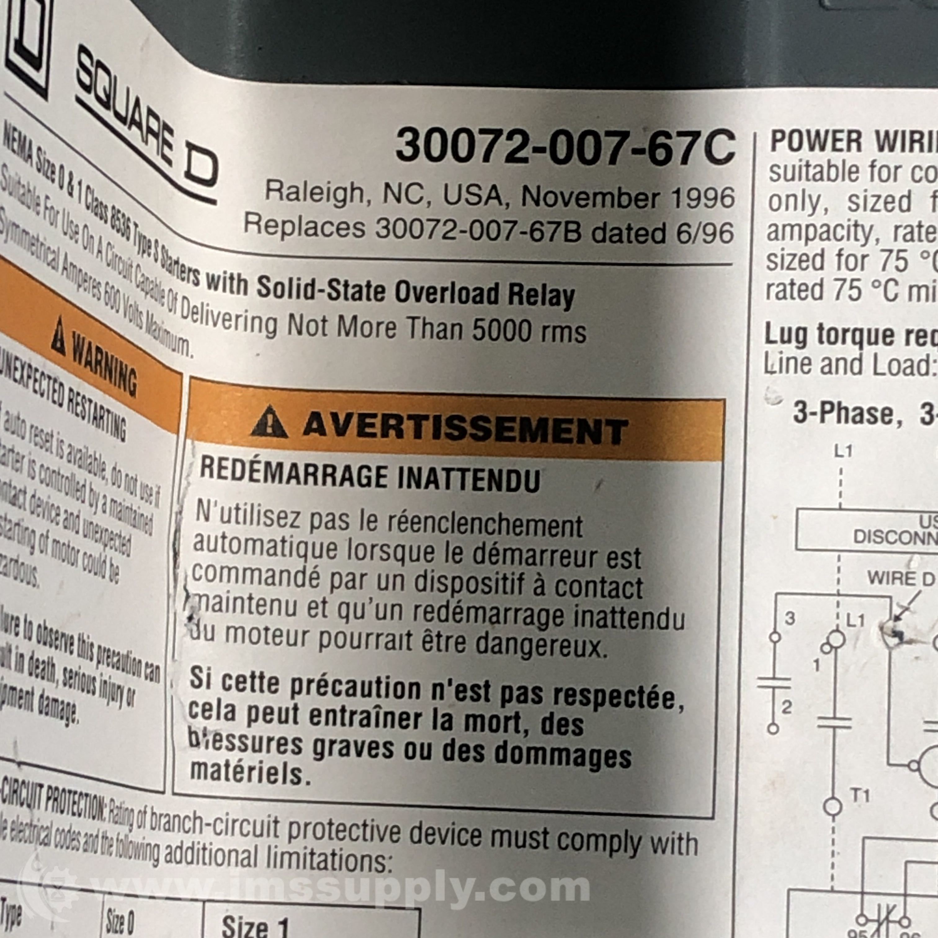 Square D 30072-007-67C Overload Relay Breaker Box - IMS Supply