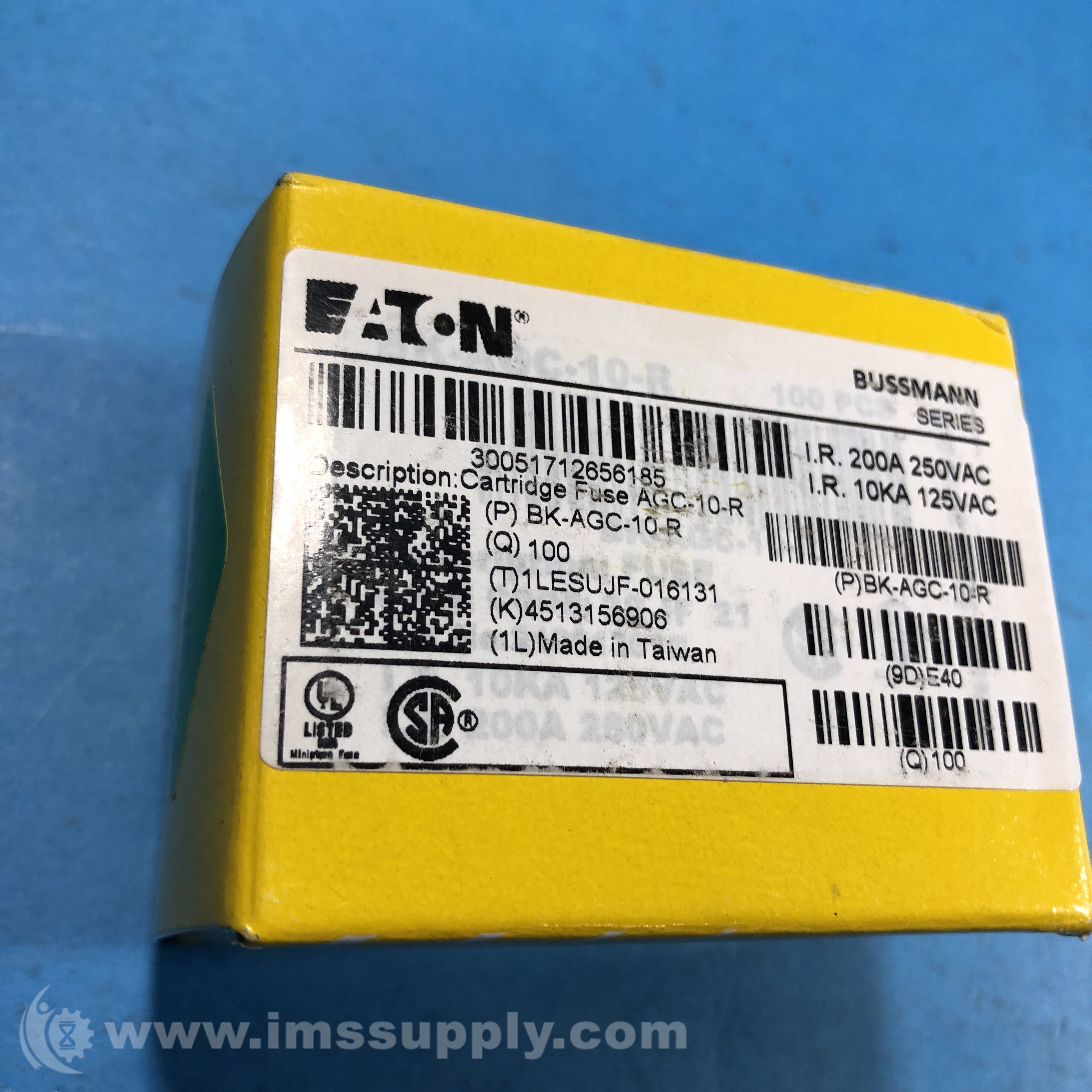 Eaton Corporation BK/AGC-10-R Box of 100 Cartridge Fuses - IMS Supply