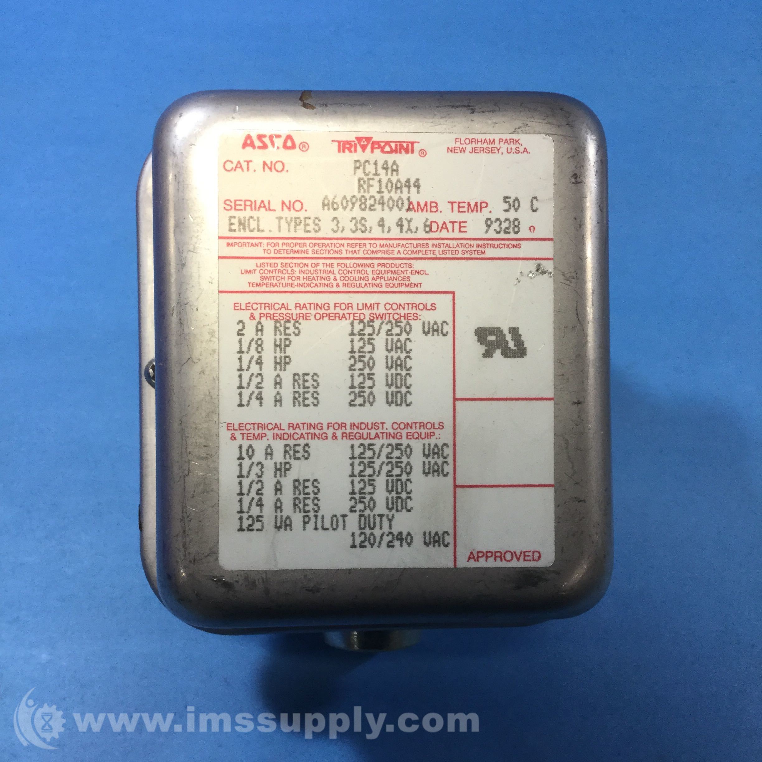 Asco PC14A Pressure Switch Two-Stage Fixed Deadband - IMS Supply