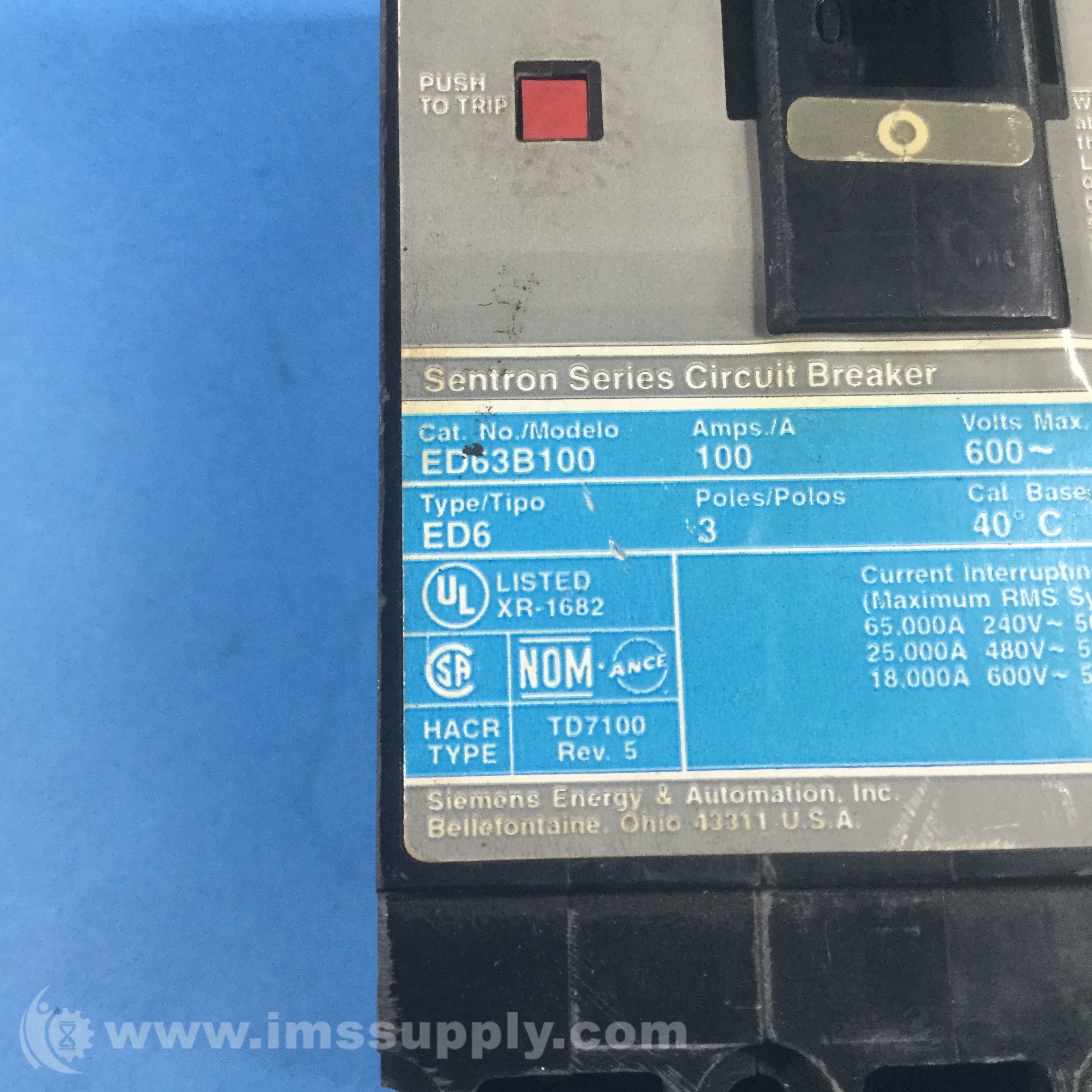 Siemens ED63B100 Circuit Breaker, 3-Poles, 100A, 600V - IMS Supply