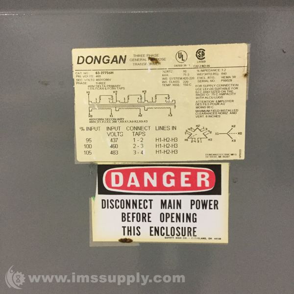 Dongan 63-2775SH 75KVA, 60HZ, PRI 460V to 460/266V SEC - IMS Supply