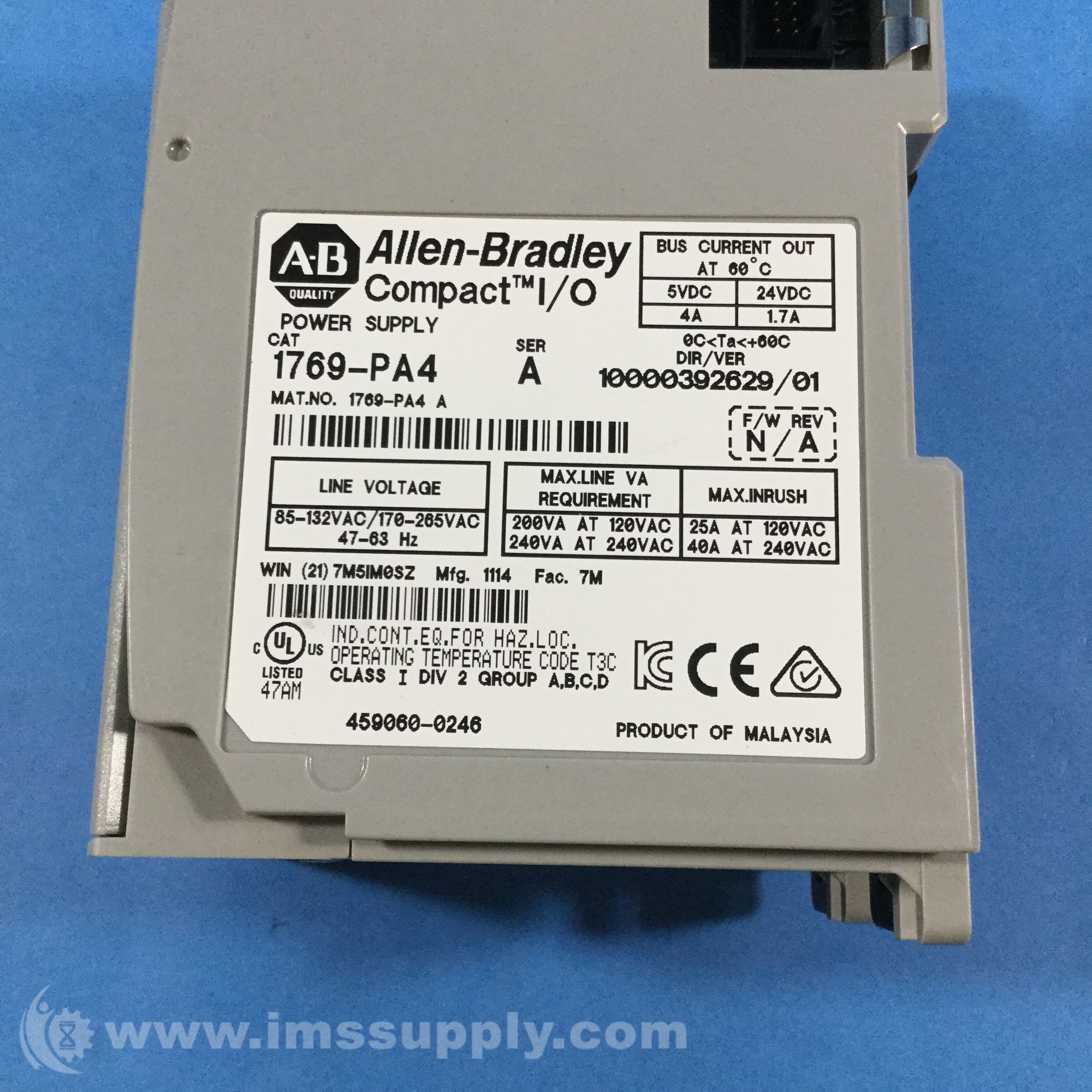Allen Bradley 1769-PA4, Compact I/O Power Supply Module Micro - IMS Supply