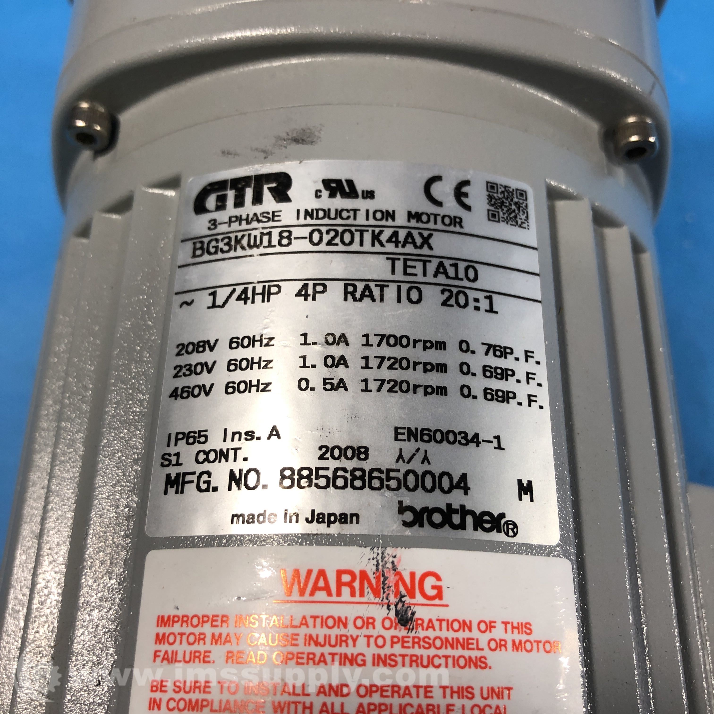 Brother BG3KW18-020TK4AX 3 Phase Induction Motor - IMS Supply
